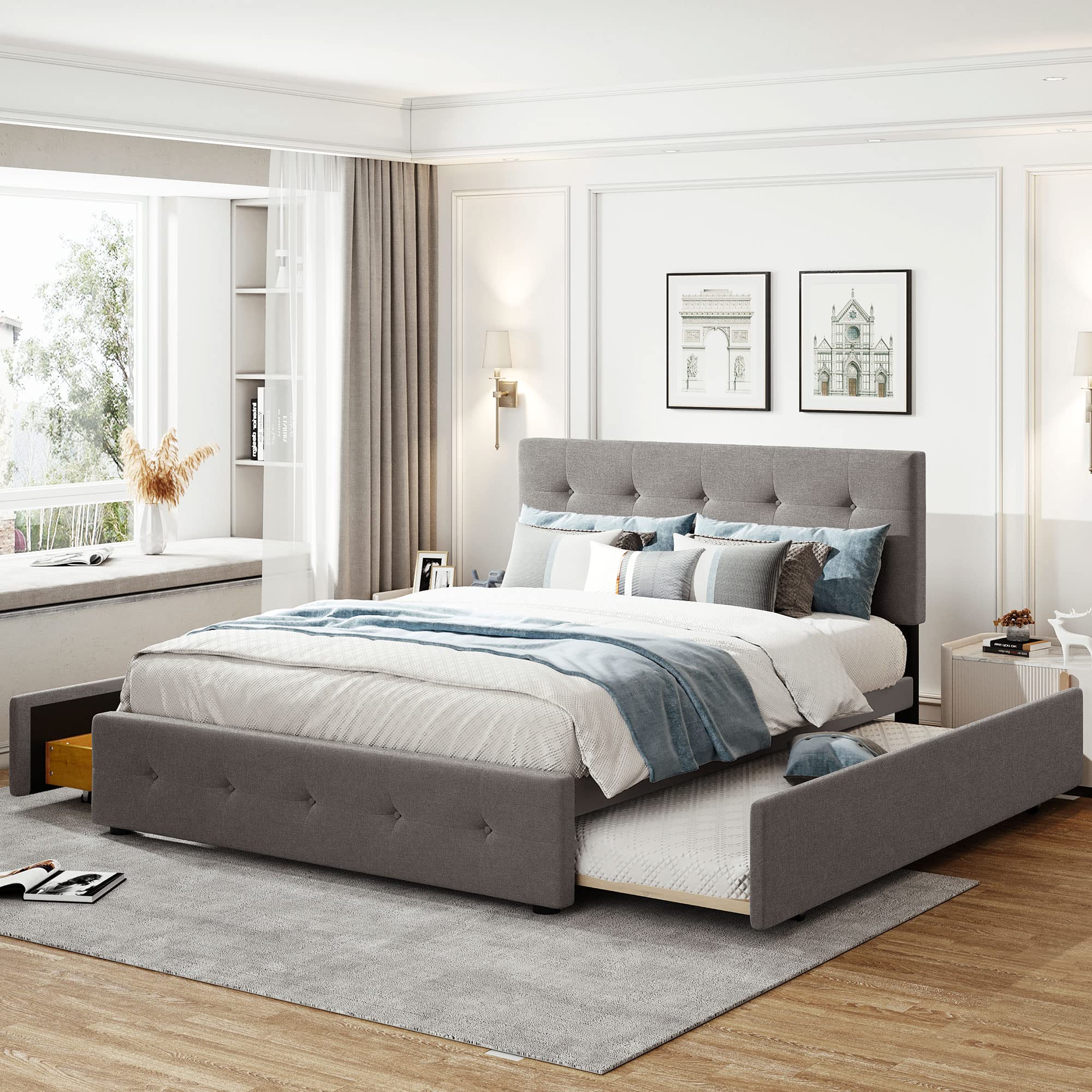 Bellemave Queen Size Platform Bed, Queen Linen Fabric Upholstered Platform Bed Frame with 2 Storage Drawers and 1 Twin XL Trundle, Ideal Bedroom Furniture, No Box Spring Needed (Light Gray)