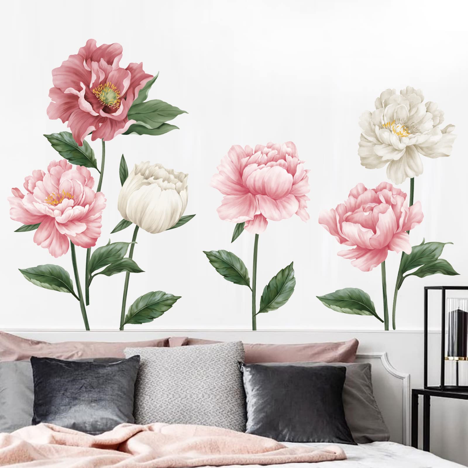 decalmile 6 Large Peony Flower Wall Decals Garden Floral Wall Stickers Bedroom Living Room Home Office Wall Decor Gift for Mom
