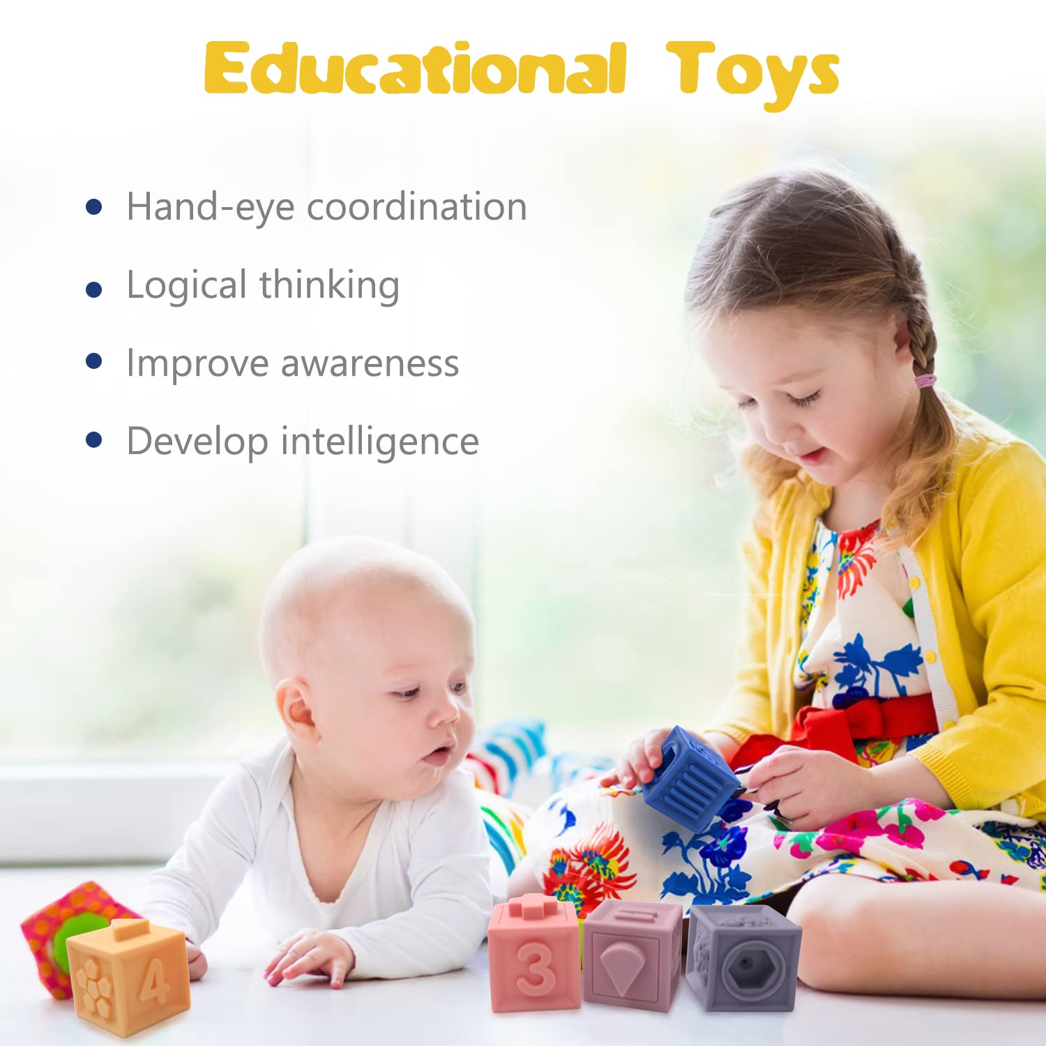 Maikerry 12PCS Blocks,Soft Stacking Blocks Bath Toys,Squeeze Play with Animals, Shapes, Textures, Numbers,Fruit,Early Educational Learning Stacking Blocks Tower, Best Gift for Toddlers