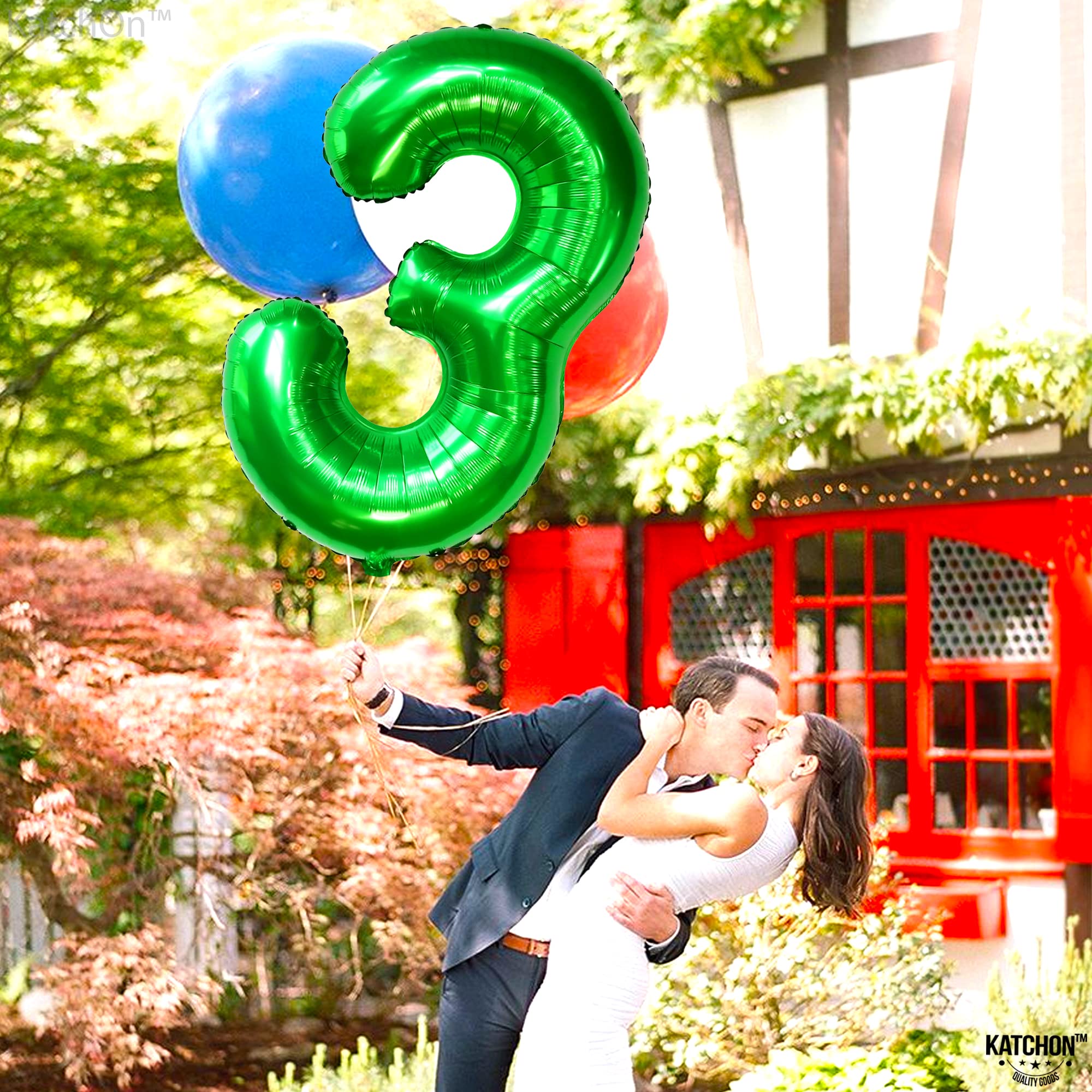 KatchOn, Giant Dark Green Number 3 Balloon - 40 Inch | Three Rex Birthday Party Decorations | Green 3 Balloon Number for Dinosaur Balloons | Green Three Balloon for Three Rex Birthday Decorations Boy