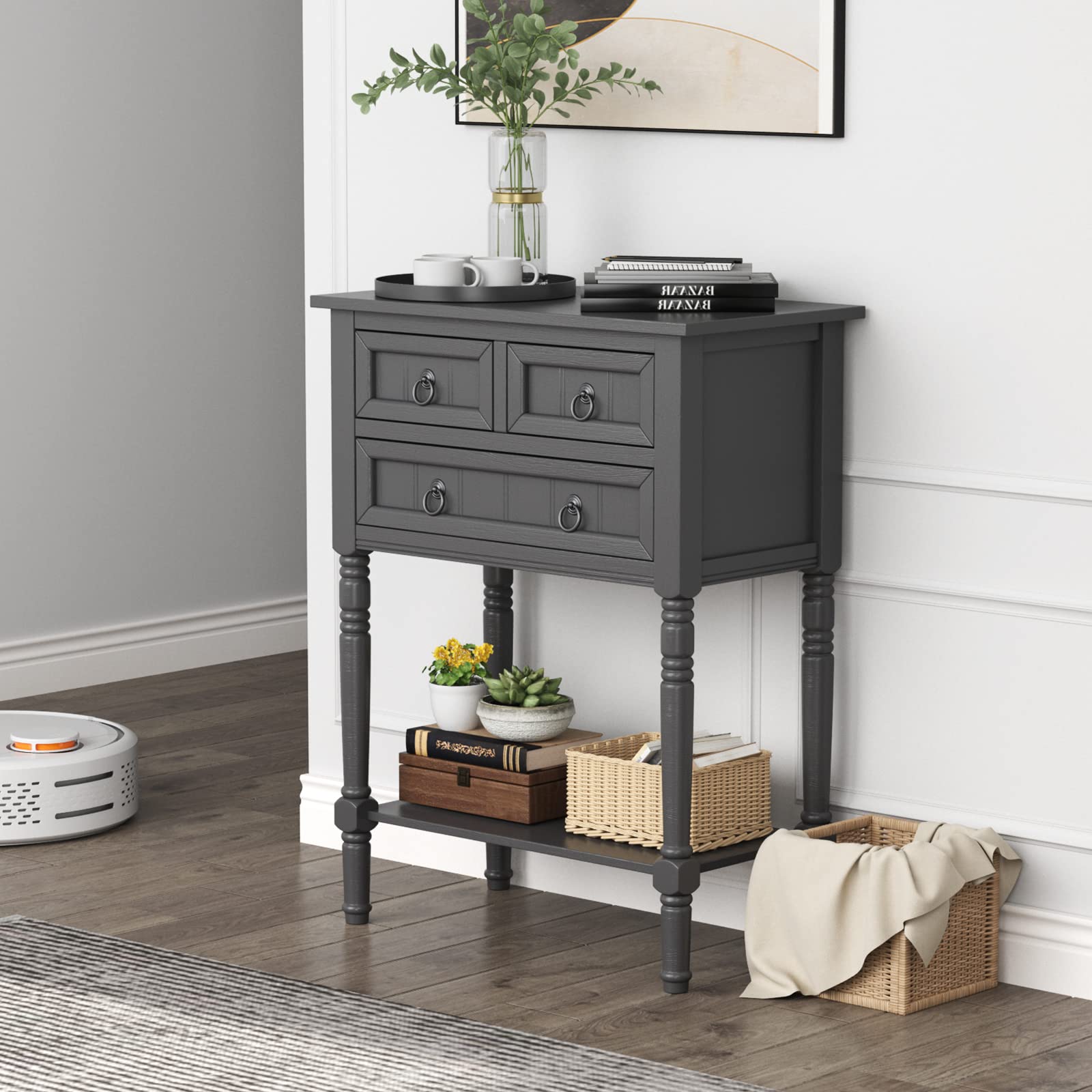 Giantex Entryway Table with Storage, Rustic Small Console Table w/ 3 Drawers & Open Bottom Shelf, Skinny Wood Console Table, Narrow Sofa Side Table for Living Room, Foyer, Hallway, Entry Table, Beige