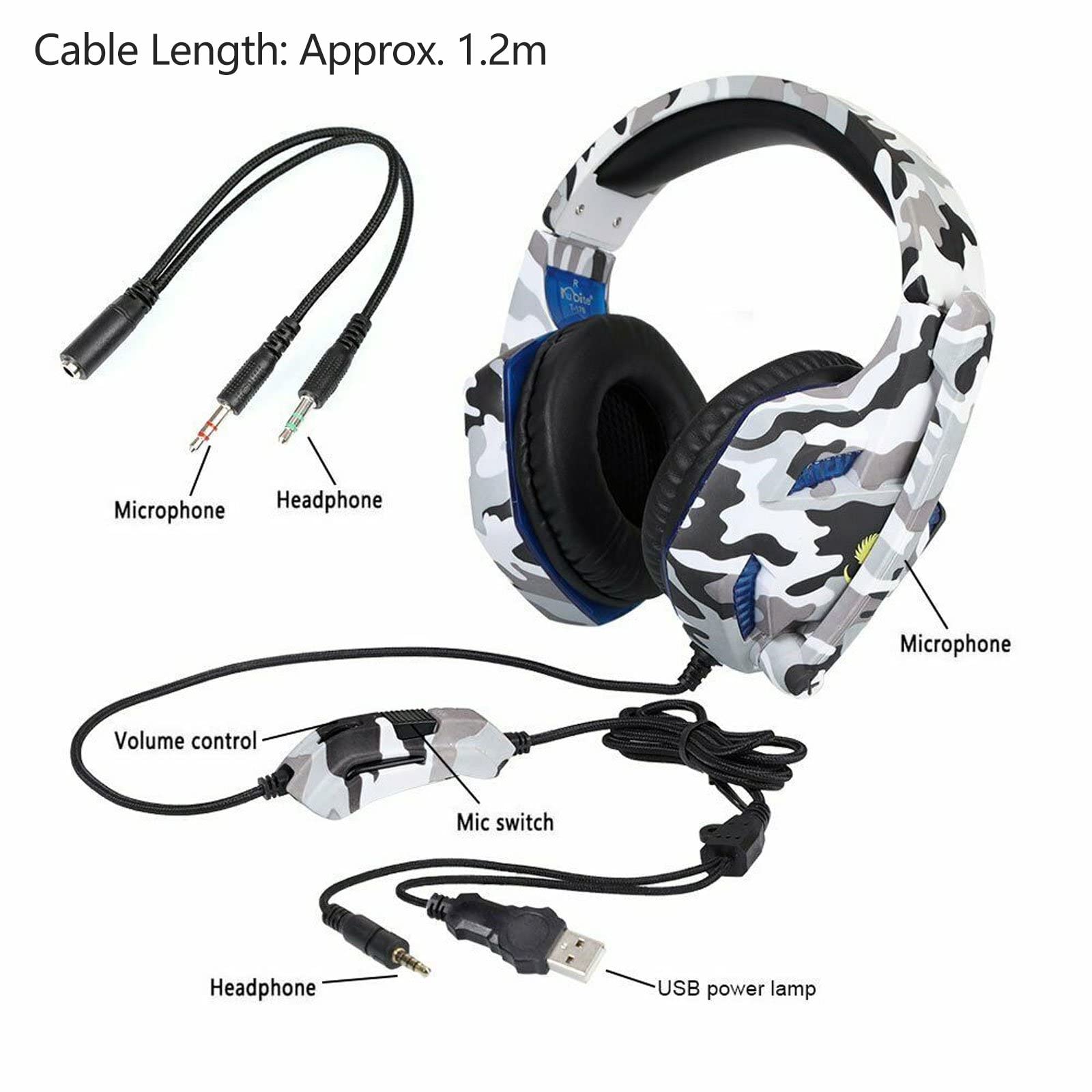 Atrasee Gaming Headset with Microphone for PC PS4 PS5 Xbox One Switch Laptop, Stereo Wired Over Ear Headphones with Surround Sound, Noise Cancelling, Soft Earmuffs, 3.5mm Aux, Camouflage