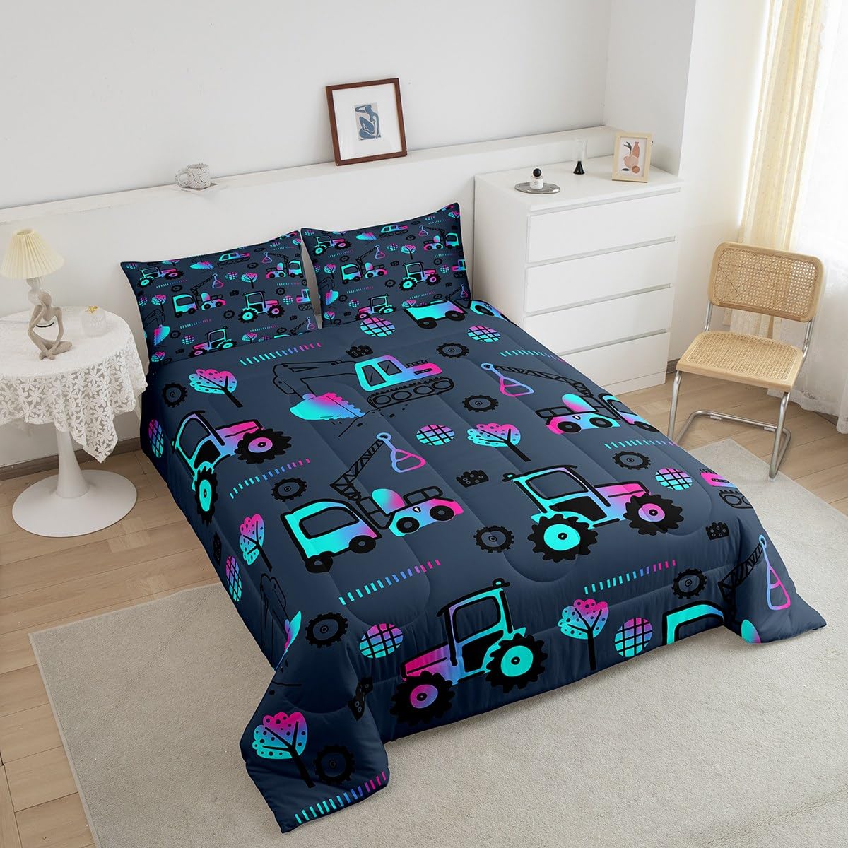 Feelyou Machinery Truck Bedding Set Twin Size Cartoon Vehicles Comforter Set for Boys Girls Teens Dark Grey Comforter Excavator Tractor Quilt Set 2Pcs