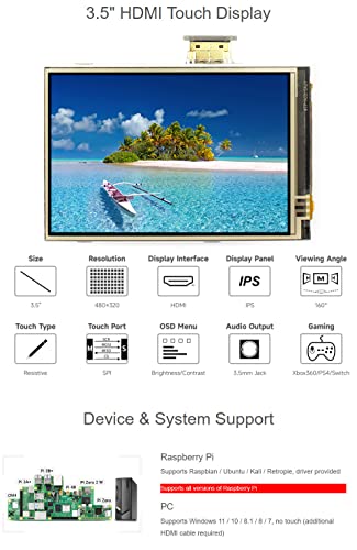 Waveshare 3.5inch Resistive Touch Screen LCD, Compatible with Raspberry Pi 5/4B/3B/Zero/Zero W/Zero 2W/Pico/Pico W/Pico WH, 480×320, HDMI, IPS, Supports Windows 11/10 / 8.1/8 / 7