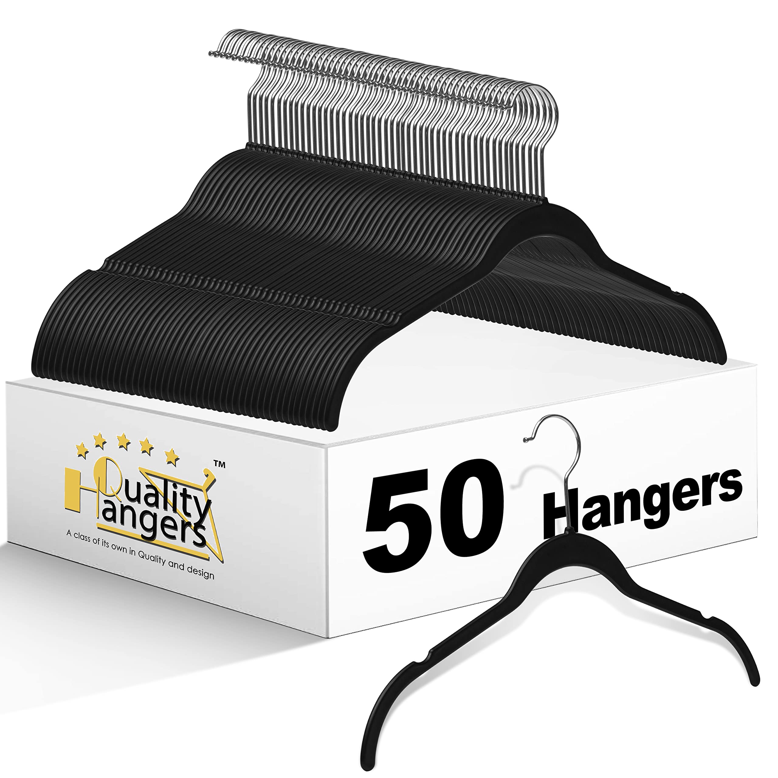 Quality Hangers 50 Pack - Heavy Duty Anti Rust Plastic Clothes Hangers, Space Saving Closet Hangers with Chrome Swivel Hook, Functional Non-Flocked Hangers, Black