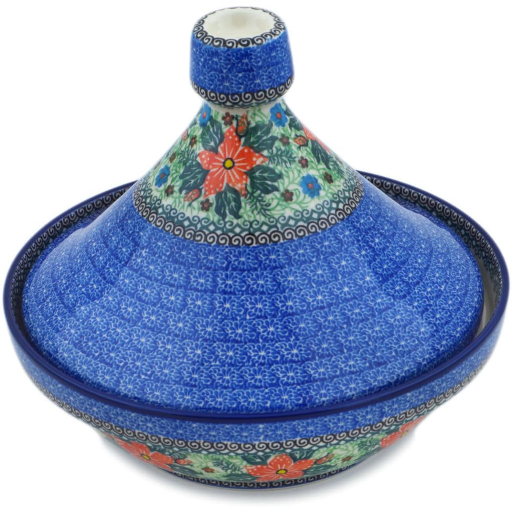 Authentic Polish Pottery Tagine Pot Signature UNIKAT in Red Jackmanii Design Handmade in BolesÅawiec Poland by Ceramika Artystyczna + Certificate of Authenticity