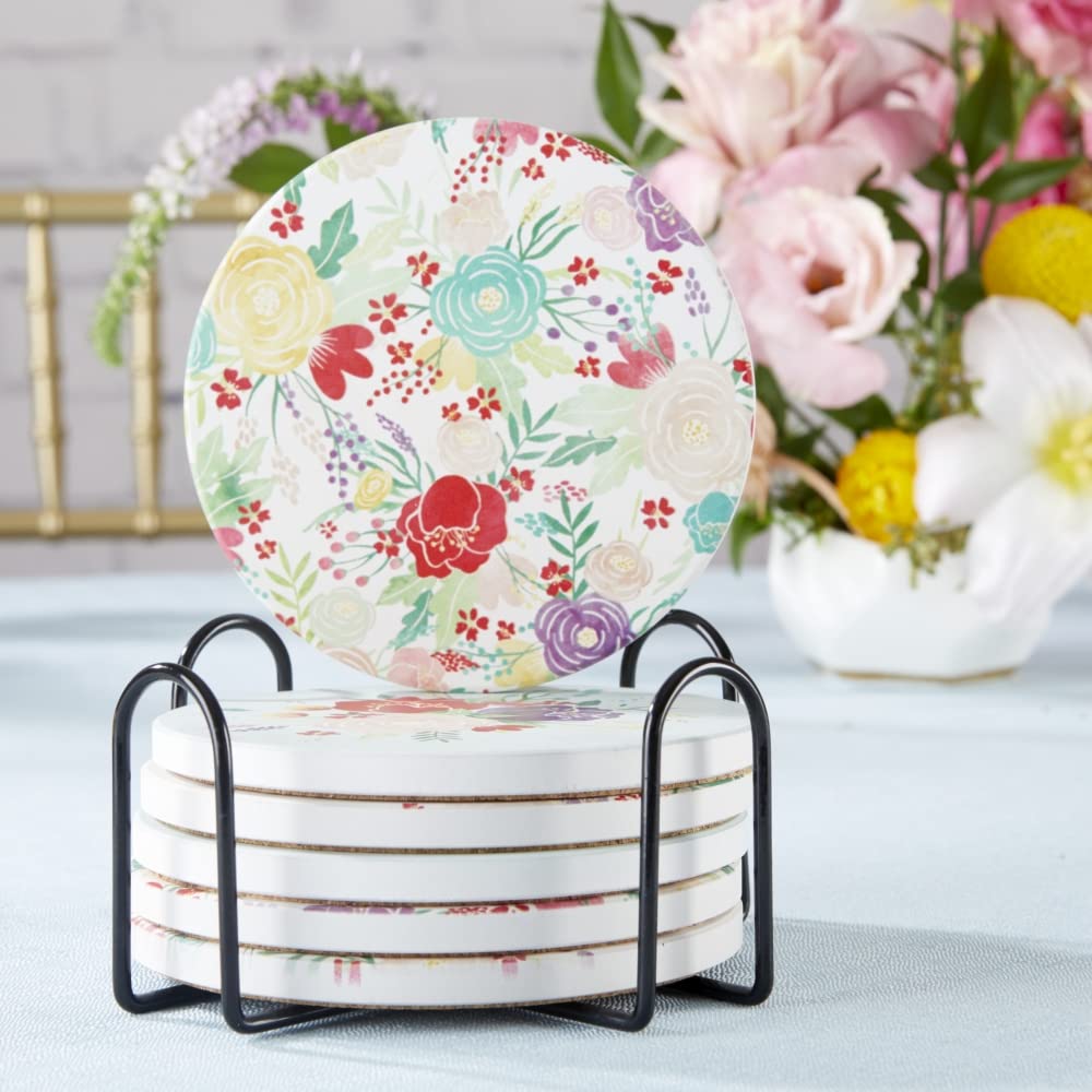 Kate Aspen Garden Blooms Ceramic Drink Coasters with Holder (Set of 6), Boho Home Decor & Gift Set, Party Favor, Take Home Gift, Housewarming Gift