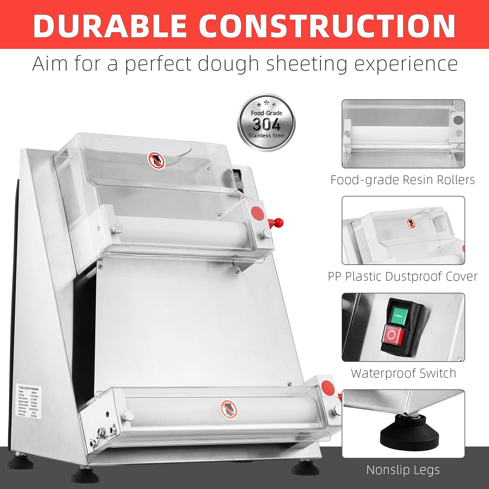 CHEINAUTO 01 Commercial Pizza Dough Roller Sheeter, 24.8 x 20.8 x 9.8 inches, Silver