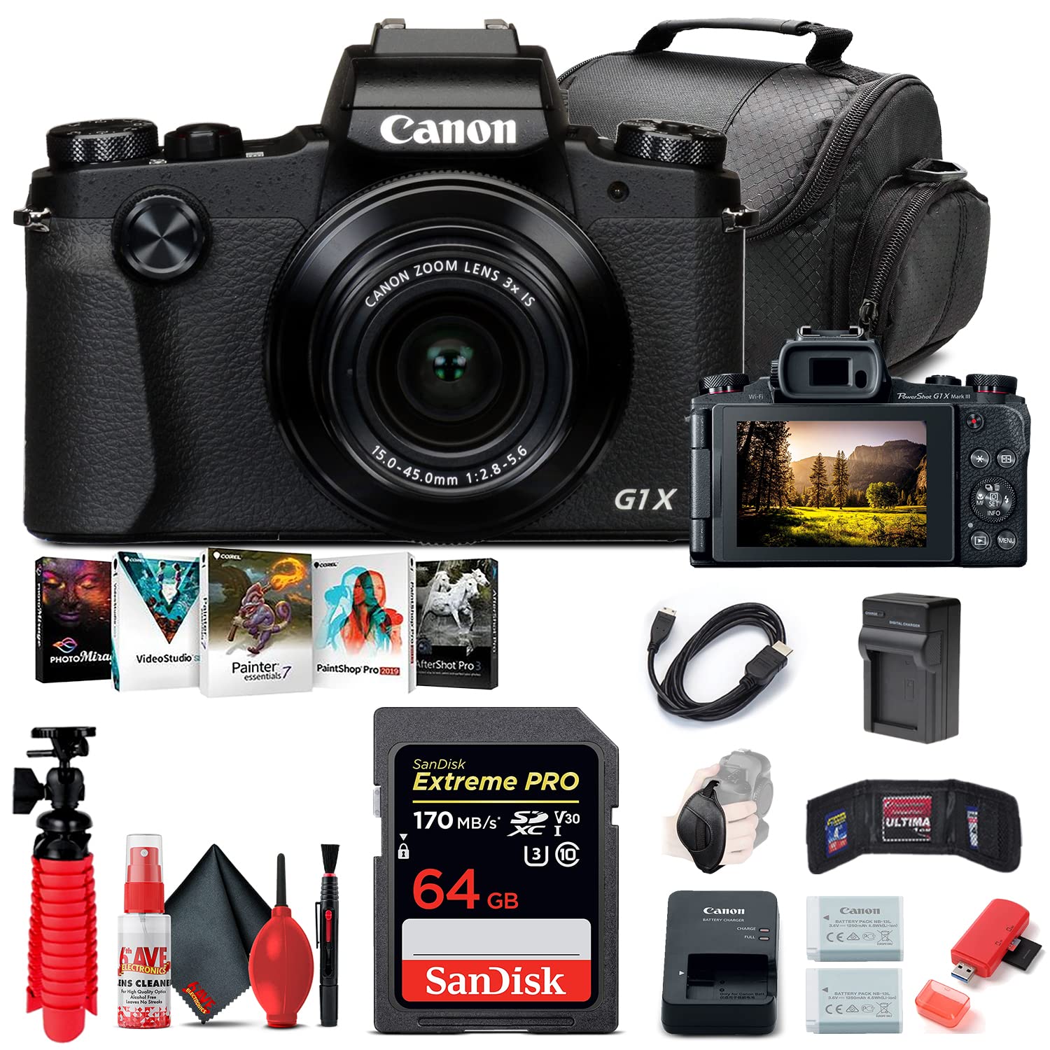 Canon PowerShot G1 X Mark III Digital Camera (2208C001) + 64GB Memory Card + NB13L Battery + Corel Photo Software + Charger + Card Reader + Deluxe Soft Bag + Flex Tripod + More (Renewed)