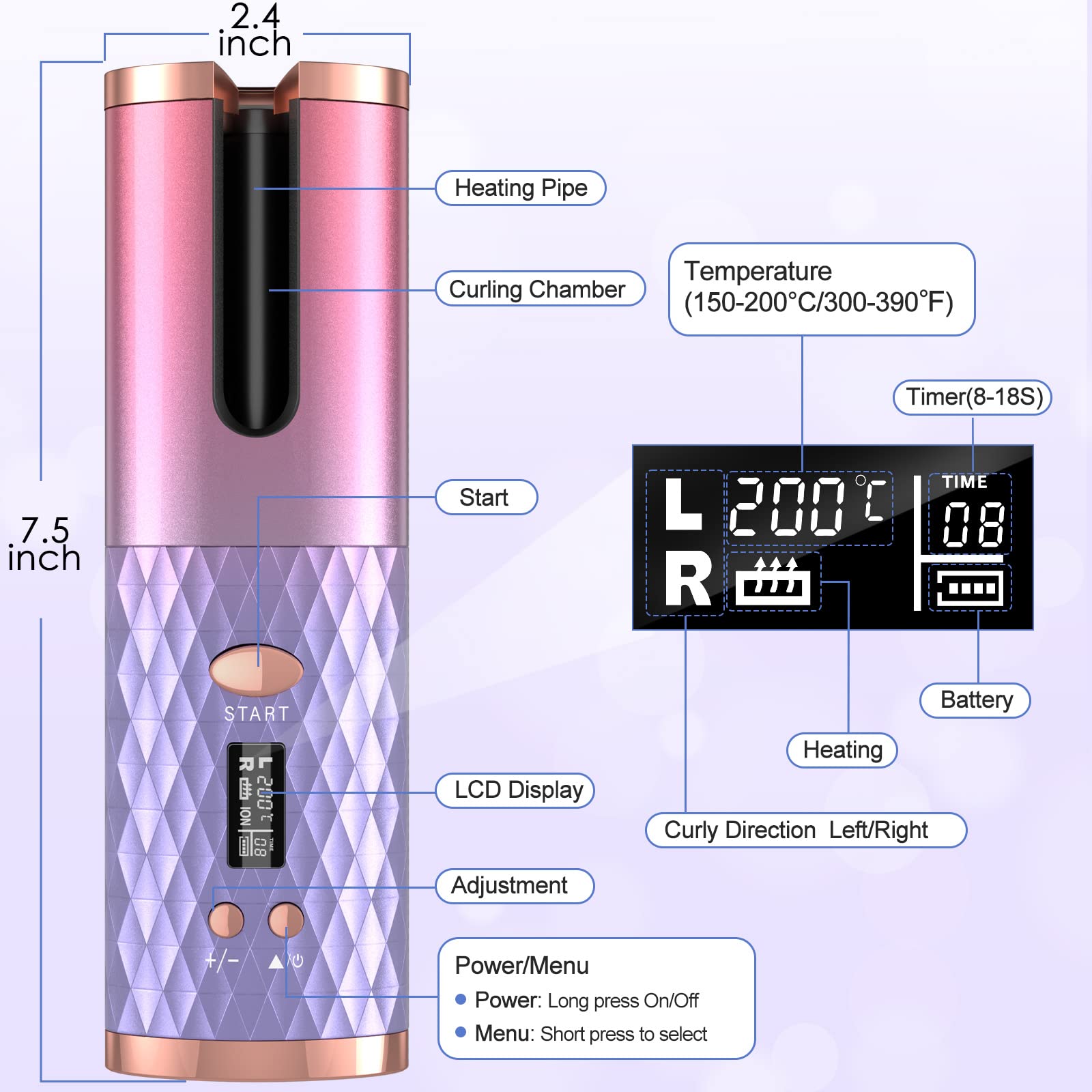 Automatic Curling Iron, Cordless Automatic Hair Curler with 6 Temps & Timers, Rechargeable Hair Curler with Ceramic Ionic Barrel, Detangle & Scald-Free Curler, Auto Shut-Off
