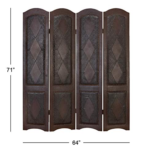 Deco 79 Faux Leather Scroll Partition Room Divider Screen Hinged Foldable Partition 4 Panel Privacy Screen with Faux Leather Detailing, Room Partition 64" x 1" x 71", Brown