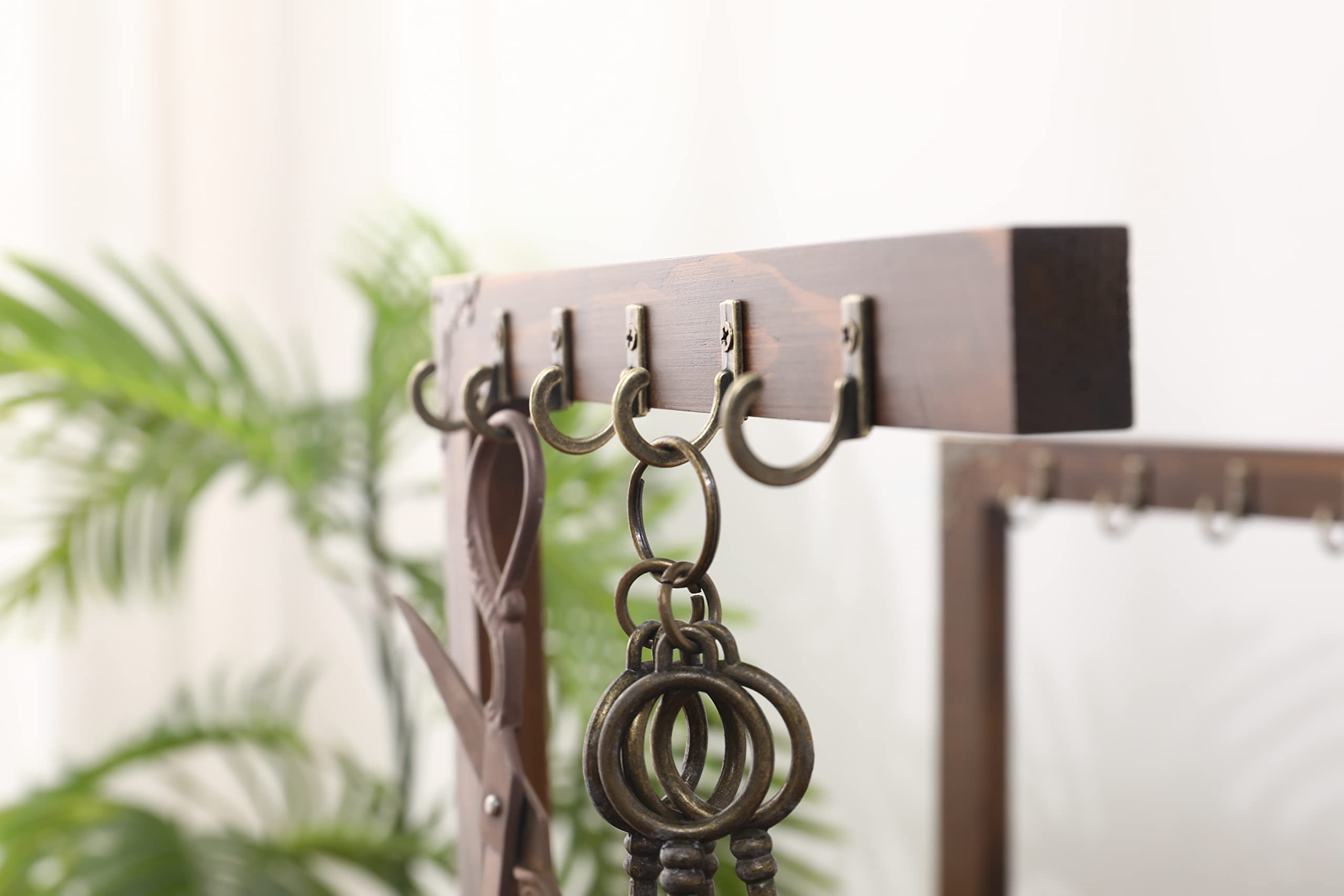 POKHDYE Wood Entryway Tabletop Key Holder Rack,Rustic Burnt Decorative Organizer with Storage Tray and Brass Tone Hooks,Jewelry Key Stand Hanging Organizer