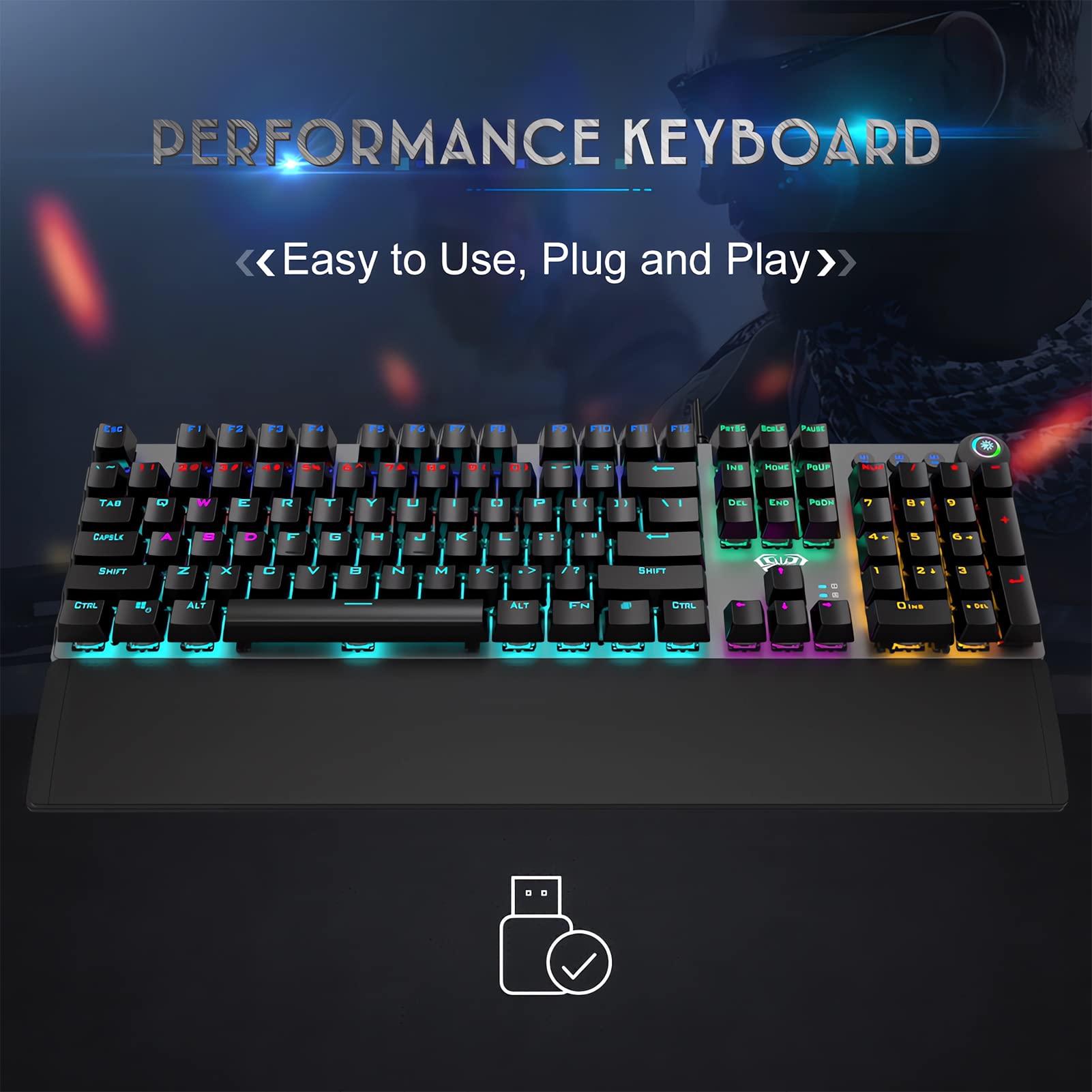 AULA F2088 Mechanical Gaming Keyboard,Clicky Blue Switches,Rainbow LED Backlit,Volume Controls,Removable Wrist Rest,Punk Cool Square Keys,Macro Programmable Wired Computer Keyboard