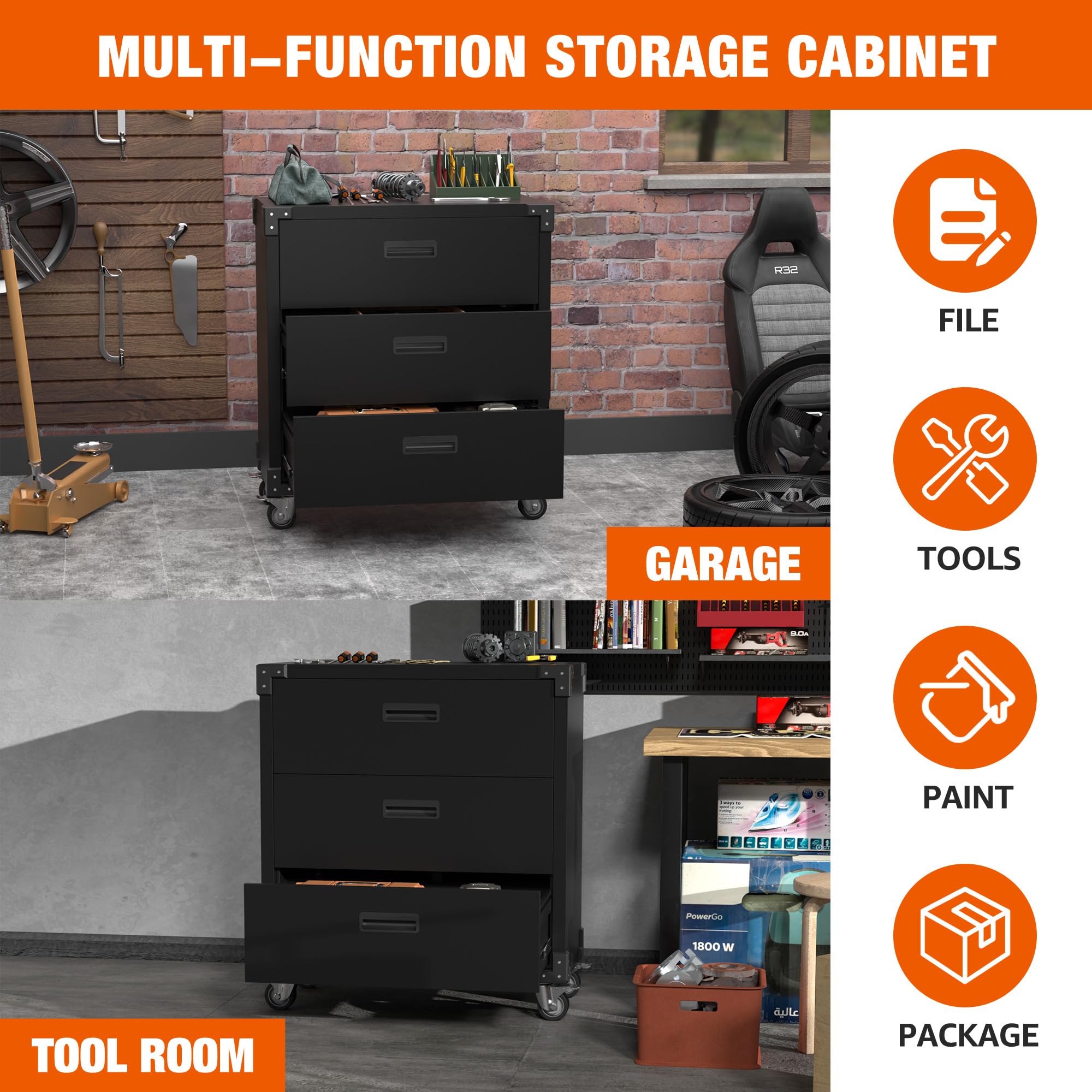 SUXXAN Garage Storage Cabinet, Tool Cabinets for Garage, 2 Door Tool Cabinet on Wheels, Locking Steel Storage Cabinet with 2 Adjustable Shelves for Garage, School, Warehouse,Assembly Require(Black)