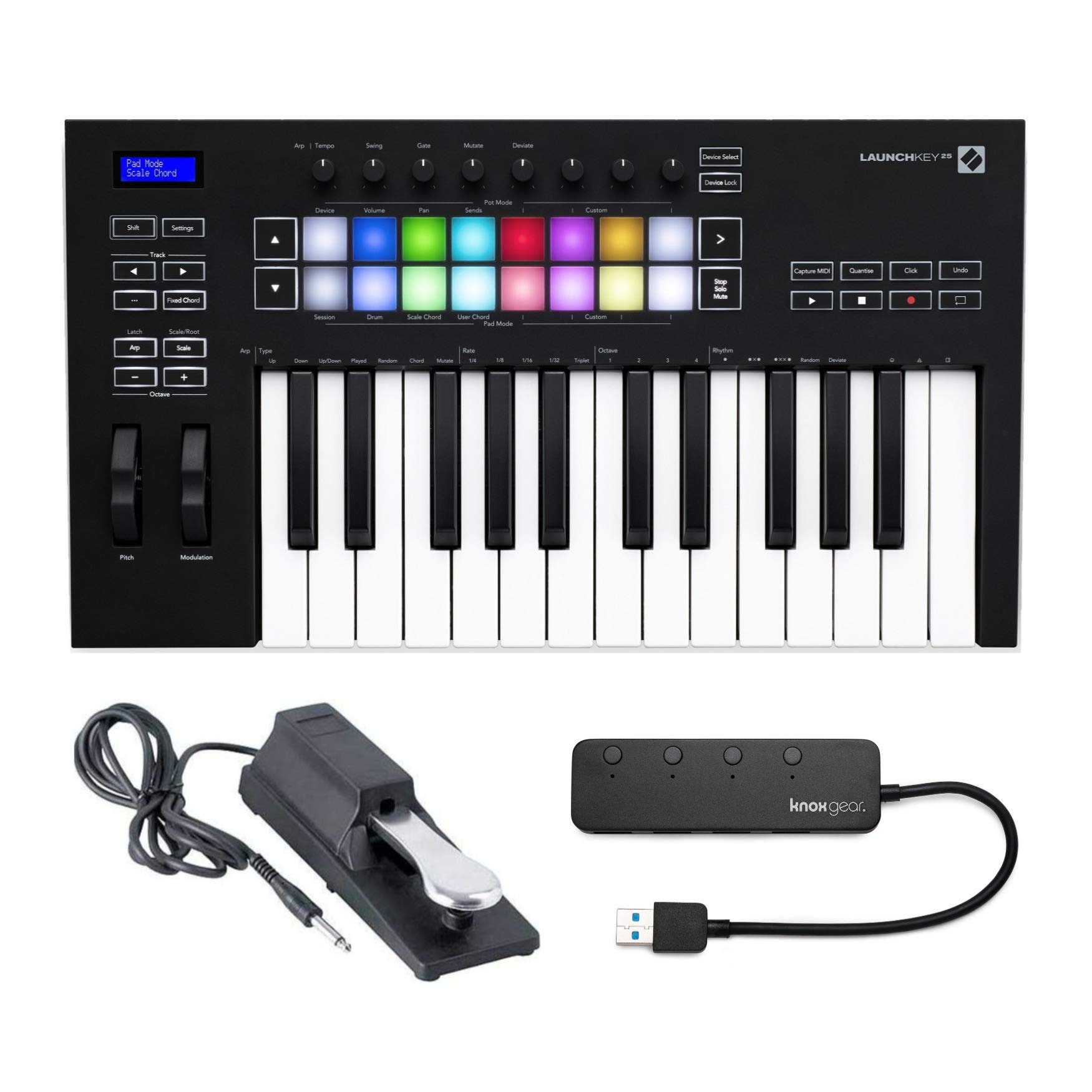Novation Launchkey 25 (MK3) 25 Full Size Key MIDI Keyboard Bundle with Sustain Pedal and 4-Port USB 3.0 Hub (3 Items)