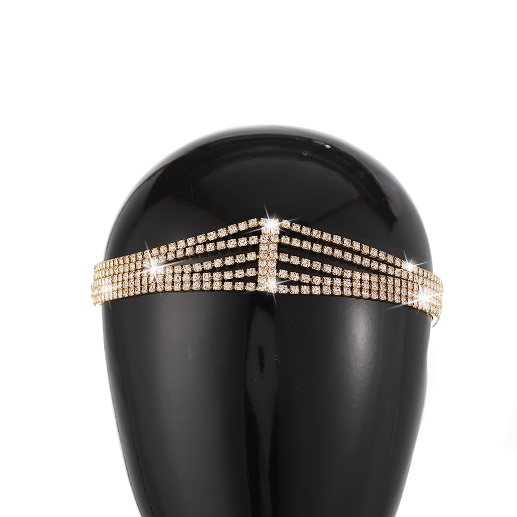Aularso Gold Head Chain Rhinestone Head Jewelry Elastic Layered Headpiece Wedding Crystal Headbands Chain for Women (Gold)