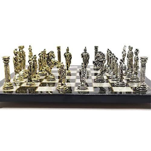 ARRGO Metal Chess Set with Shield Medieval Roman Soldier Collection Figured Antique Set Gray and Bronze Stones 27x27 CM Wooden Table