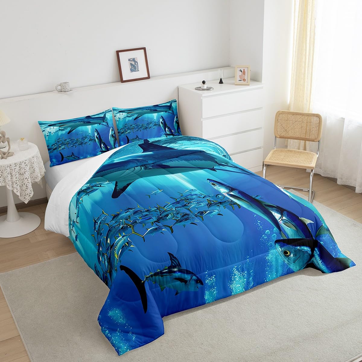 Erosebridal Blue Ocean Bedding Set Twin Size,3D Shark Duvet Insert Underwater Scenery Comforter Set Nautical Sea Animal Aquarium Quilted Duvet Coastal Creature Marine Life Bedroom Decor