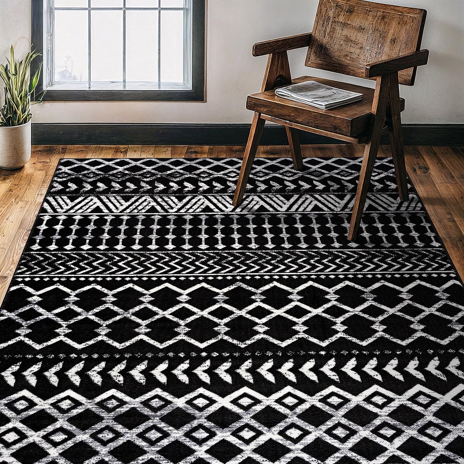 CAMILSON Boho Moroccan Black and White Rug Geometric Diamond 8x10 Area Rugs for Living Room Bedroom Kitchen Modern Bohemian Soft Stain Resistant Non-Shedding Indoor Carpet (8 x 10 Black - White)