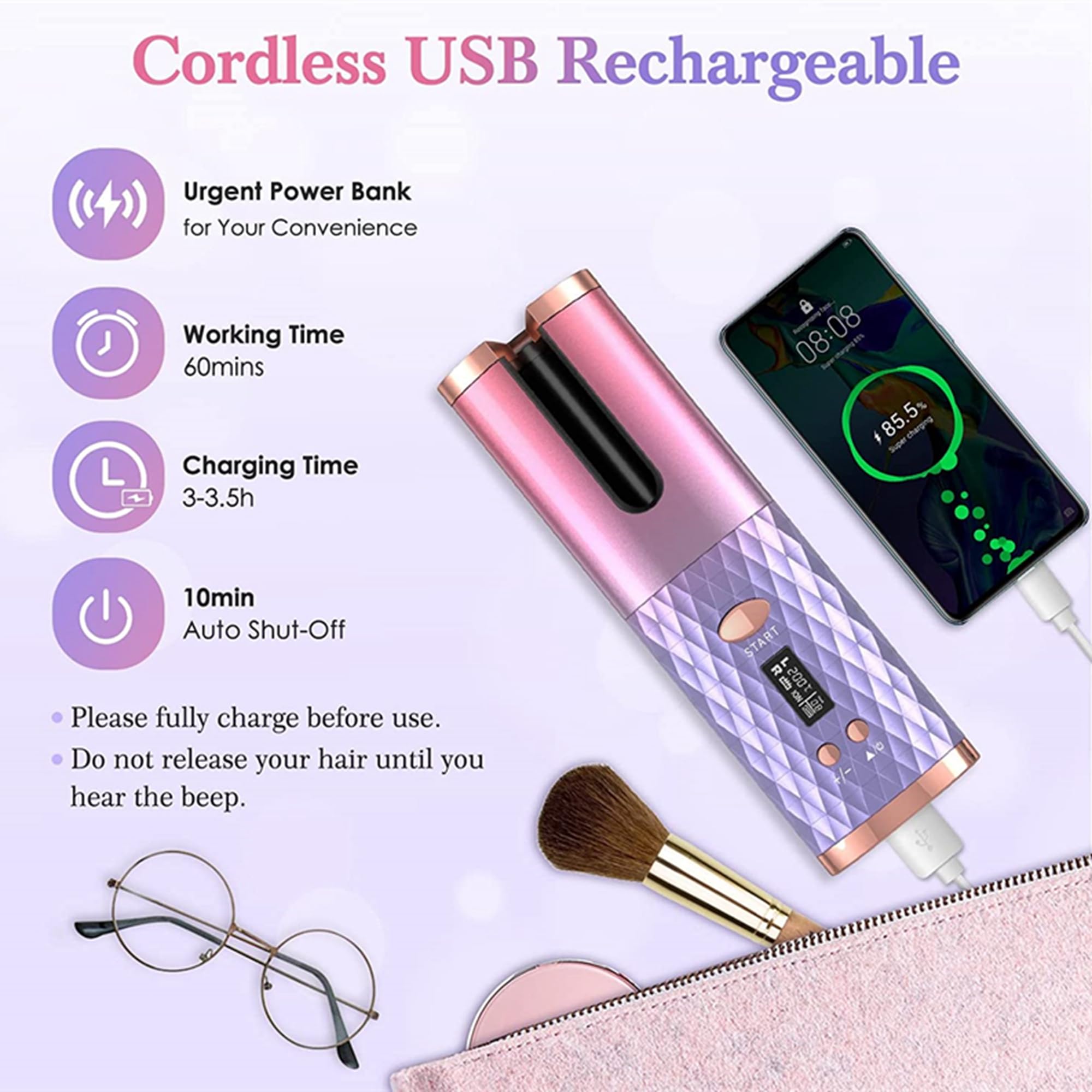 AGRATU Automatic Curling Iron Wireless Auto Rotat Ceramic Hair Curler Cordless Automatic Hair Curler with LCD Display 6 Temps and Timers USB Charging Auto Shut-Off Create Stunning Curls