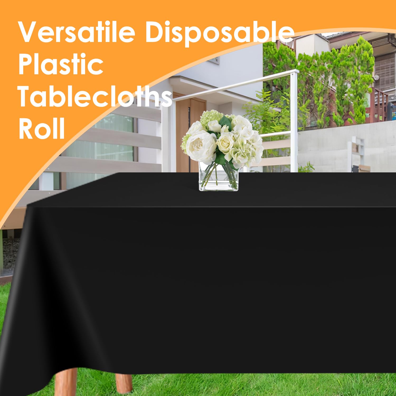 Black Disposable Plastic Table Cloth Roll 54" X 100', Plastic Table Cover with Cutter Box, Cut to Size Disposable Tablecloth for Parties