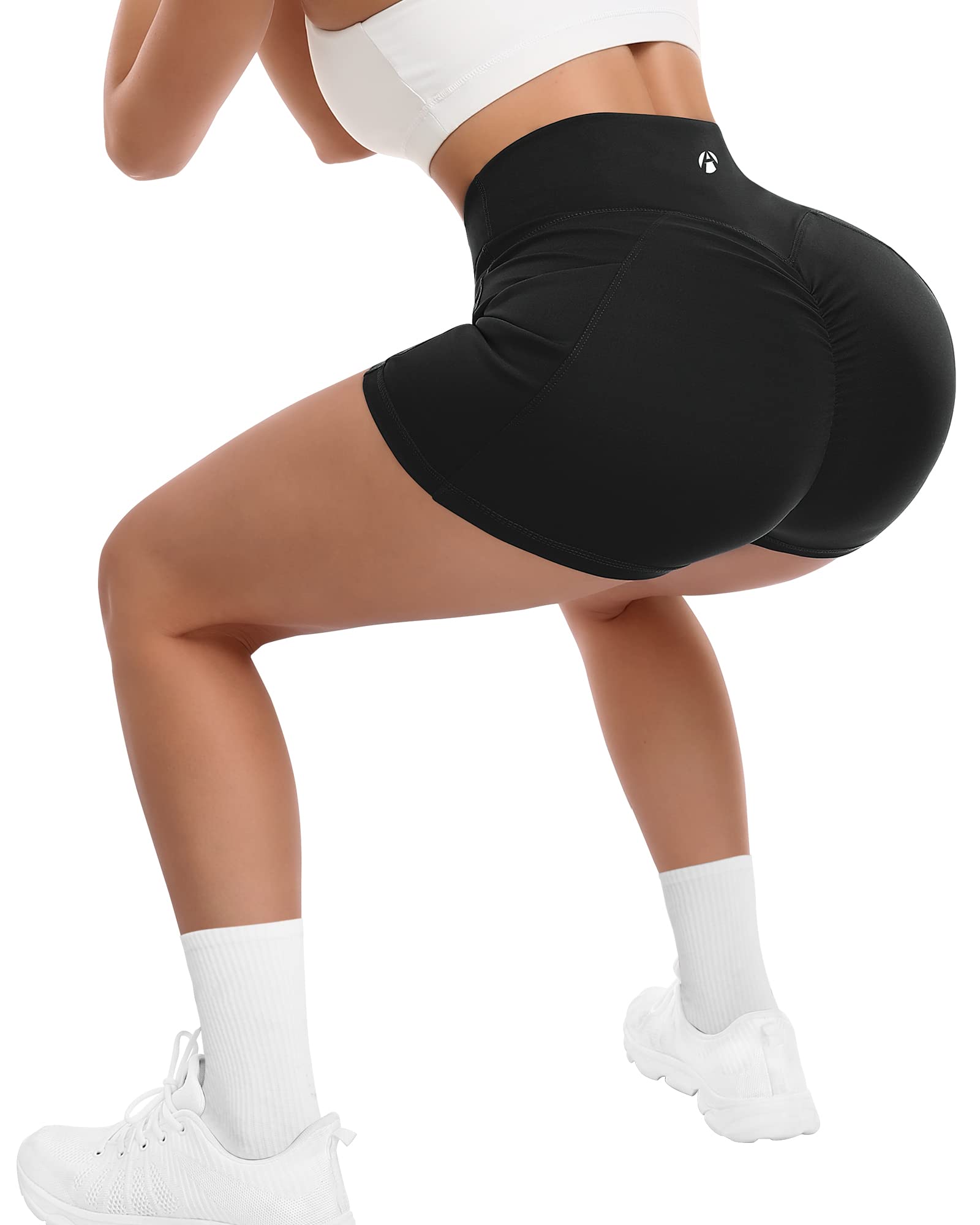 A AGROSTE Women Cross Waist Workout Shorts with Pockets 3" Scrunch Butt Lifting Shorts High Waist Booty Biker Short