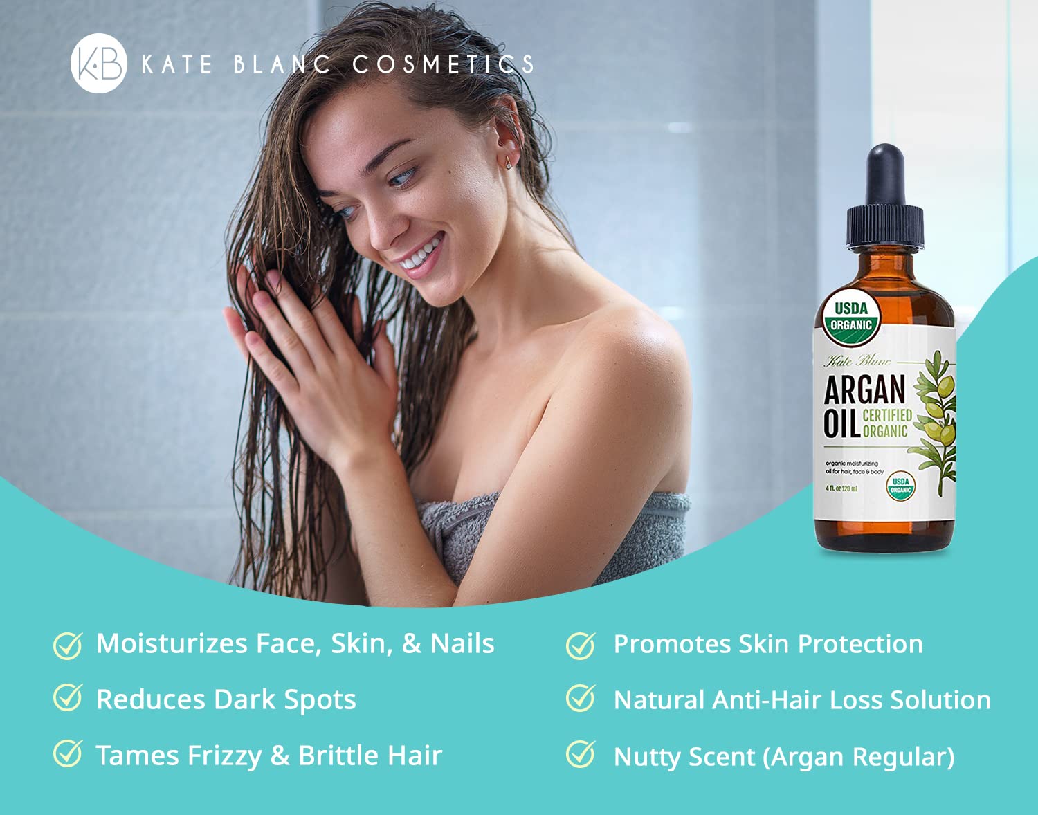 Kate Blanc Cosmetics Argan Oil for Hair, Face & Skin from Morocco. Promotes Hair Growth (4oz, USDA Certified Organic, Cold Pressed & 100% Pure)