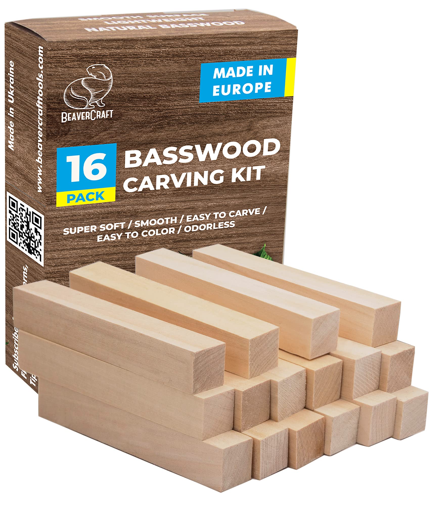 BeaverCraft BW16 pcs Basswood Carving Blocks Carving Wood Whittling Wood Bass to Carve Soft Wood Carving Kit for Beginners Block of Wood for Crafts Unfinished Wood Blocks Wooden Block Set