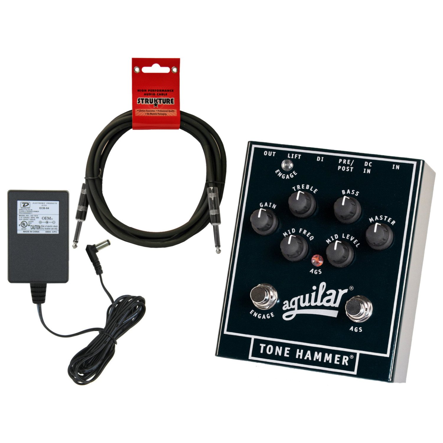 Aguilar Tone Hammer Bass Preamp Direct Box Effect Pedal with Overdrive and 3 Band EQ with 18V Power Adapter and Instrument Cable