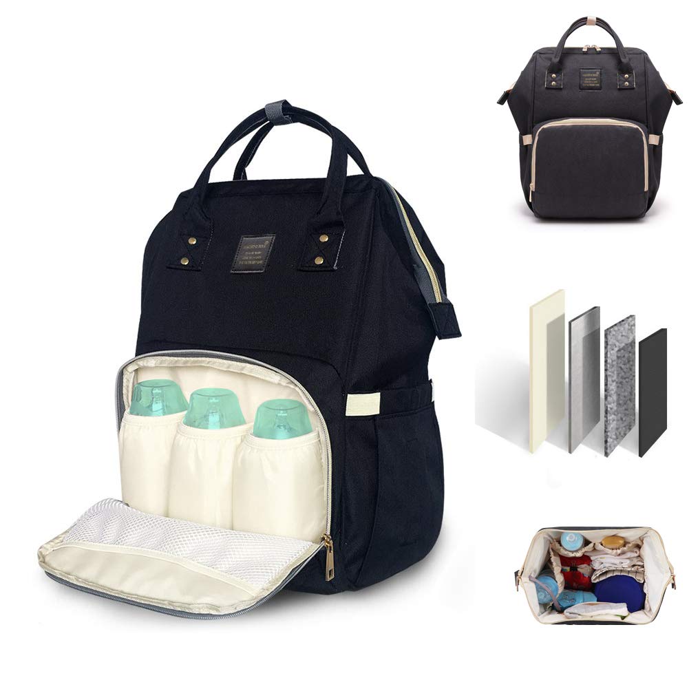 Kazila Diaper Bag Waterproof Travel Backpack Maternity Bag for Mom Dad, Black, Medium