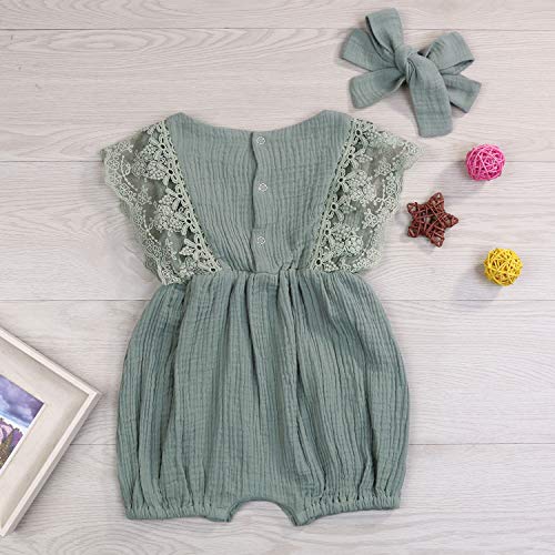 KCSLLCA Baby Girls Lace Romper Set Ruffle Sleeve Solid Color Onesie with Headband (Pea Green, 6-9 Months)
