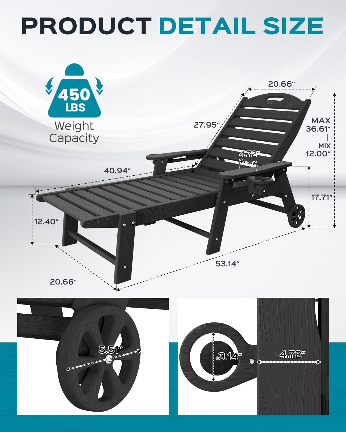 Chaise Lounge Chair Outdoor with Wheels, Double Cup Holders Adjustable 5-Position Chaise Lounge Outdoor with Wood Texture, Patio Lounge Chair for Poolside Backyard, Black