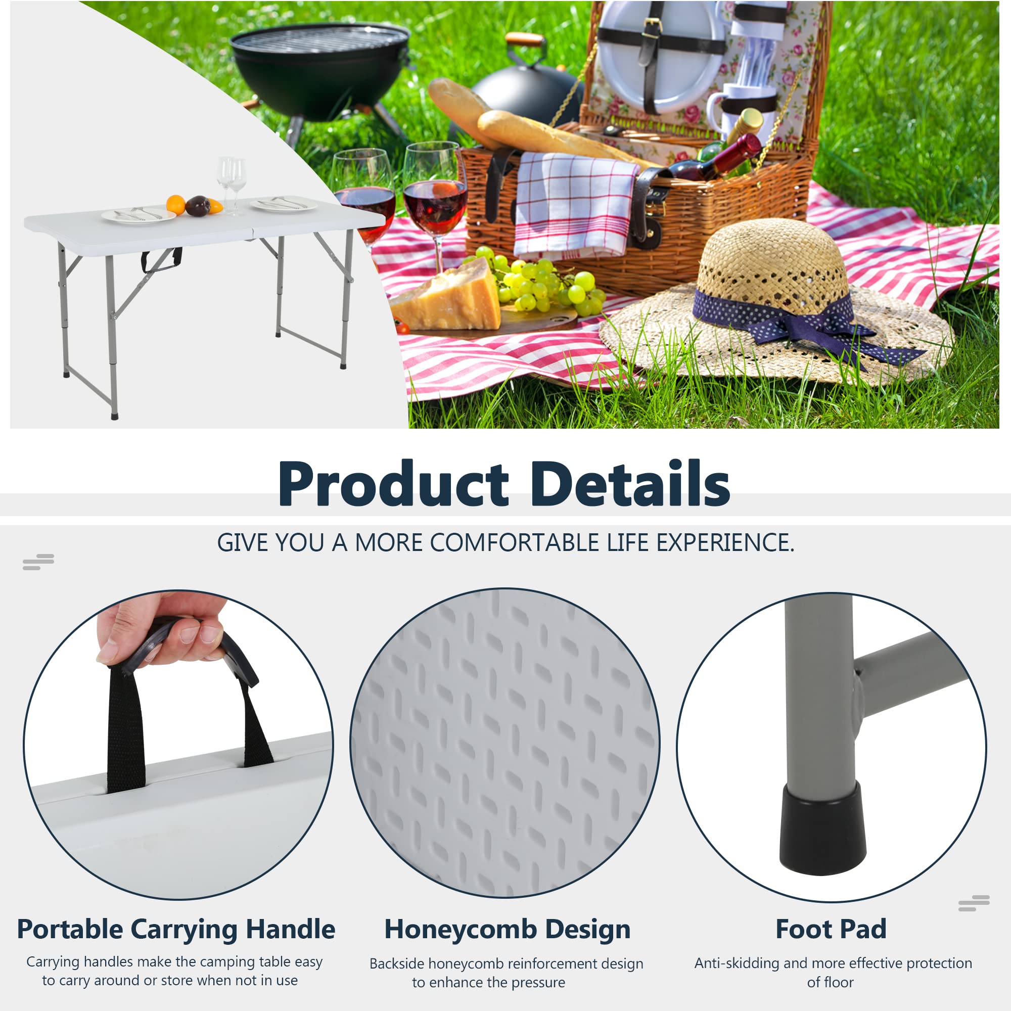 Black Folding Tables 6Ft Outdoor Dining Table, Portable Fold Up Lightweight Foldable Desk, 6 Foot Folding Desk Picnic Table Party Tables Camping Table, Plastic Beach Table Patio Outdoor Furniture