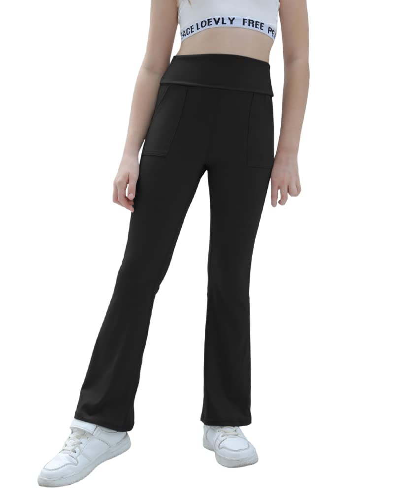 Aurgelmir Girls' Foldover Waist Flare Leggings Bootcut Active Yoga Dance Athletic Pants with Pockets Black
