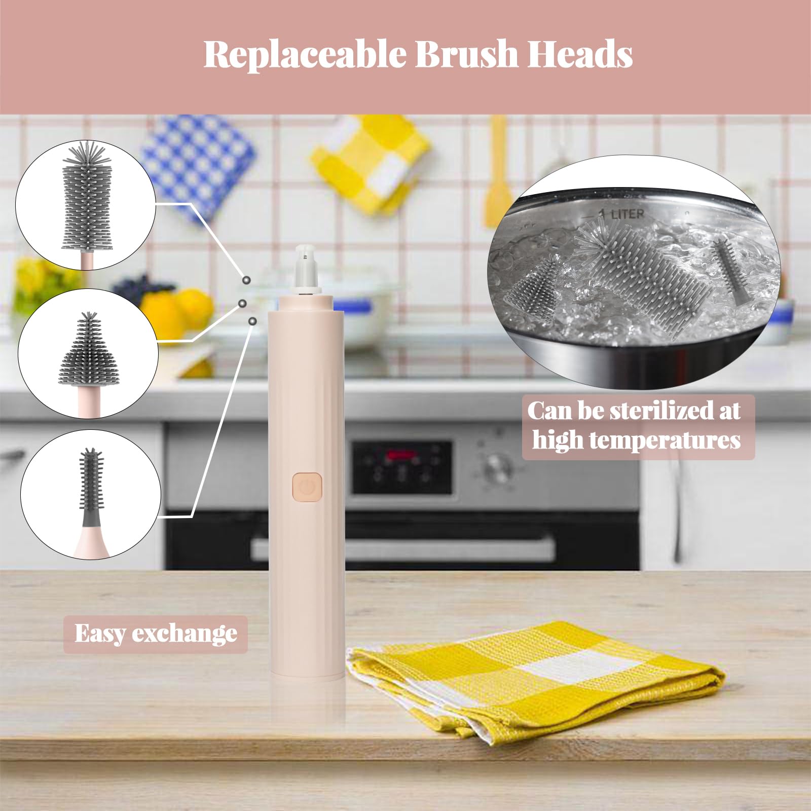 Augensterm Electric Cleaning Brush with USB Rechargeable Electric Bottle Brush Cleaner and 3 Replaceable Silicone Bottle Brushes and Straw Cleaner Brush,Perfect Baby Gifts and Kitchen Brushes(Pink)