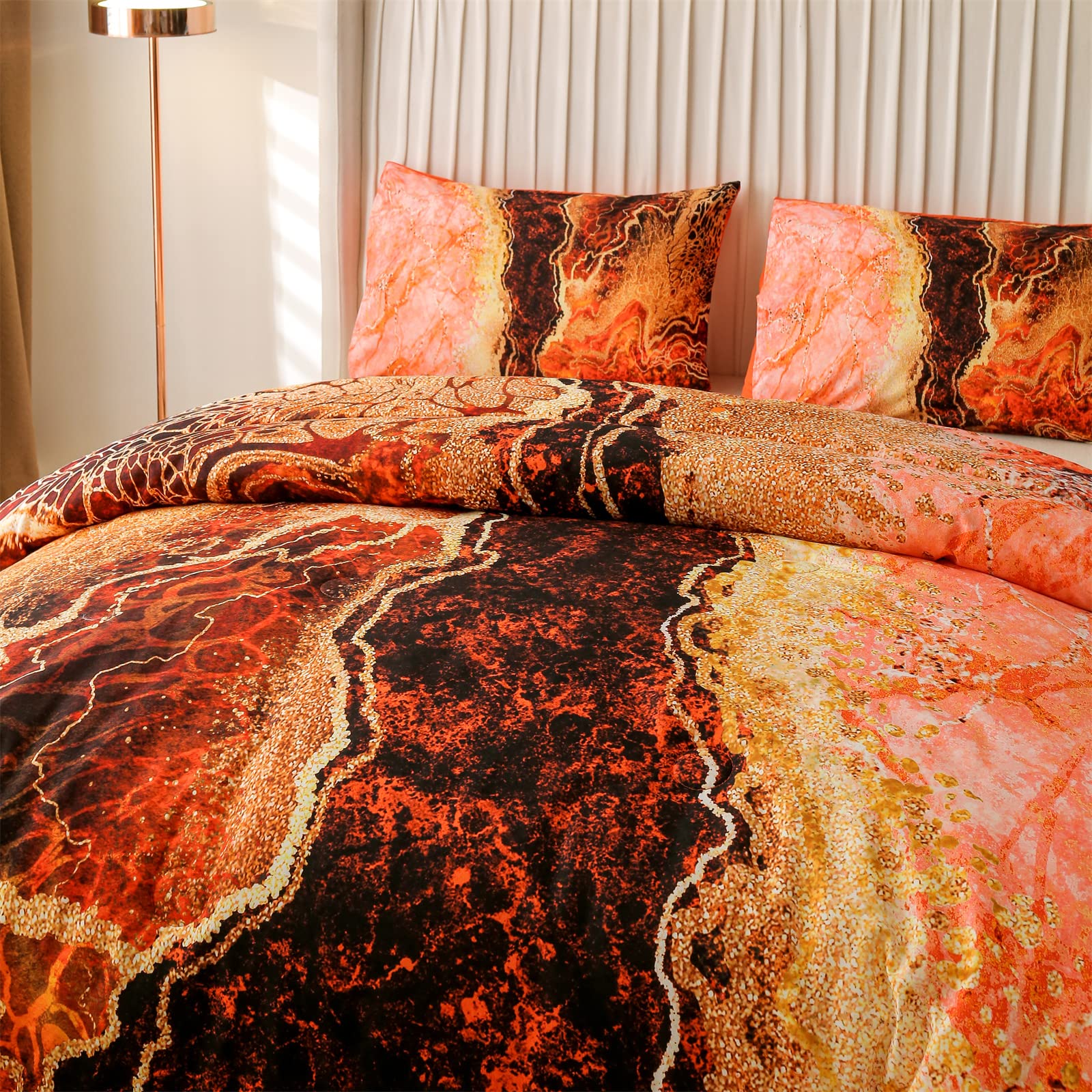 A Nice Night Marble Like Burning Mountain Printed Bedding Set,Retro Style Watercolor Artwork Design,Ultra Soft Comforter Set (Orange,Full(78-by-90-inches))