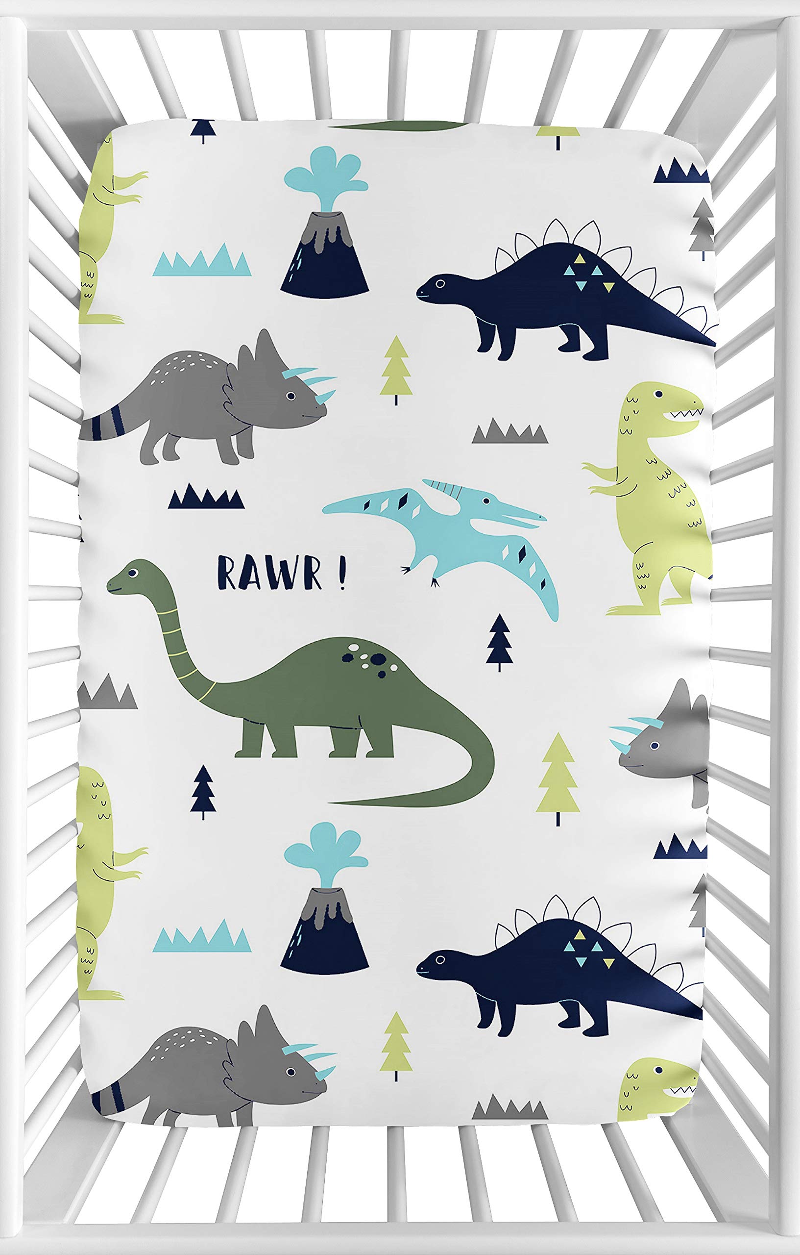 Sweet Jojo Designs Navy, Turquoise and Grey Dinosaur Baby Boy Fitted Mini Portable Crib Sheet for Mod Dino Collection - for Mini Crib or Pack and Play ONLY