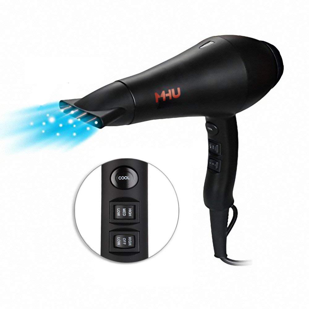 MHU Professional Salon Grade 1875w Low Noise Ionic Ceramic Ac Infrared Heat Hair Dryer Plus One Concentrator and One Diffuser Black Color