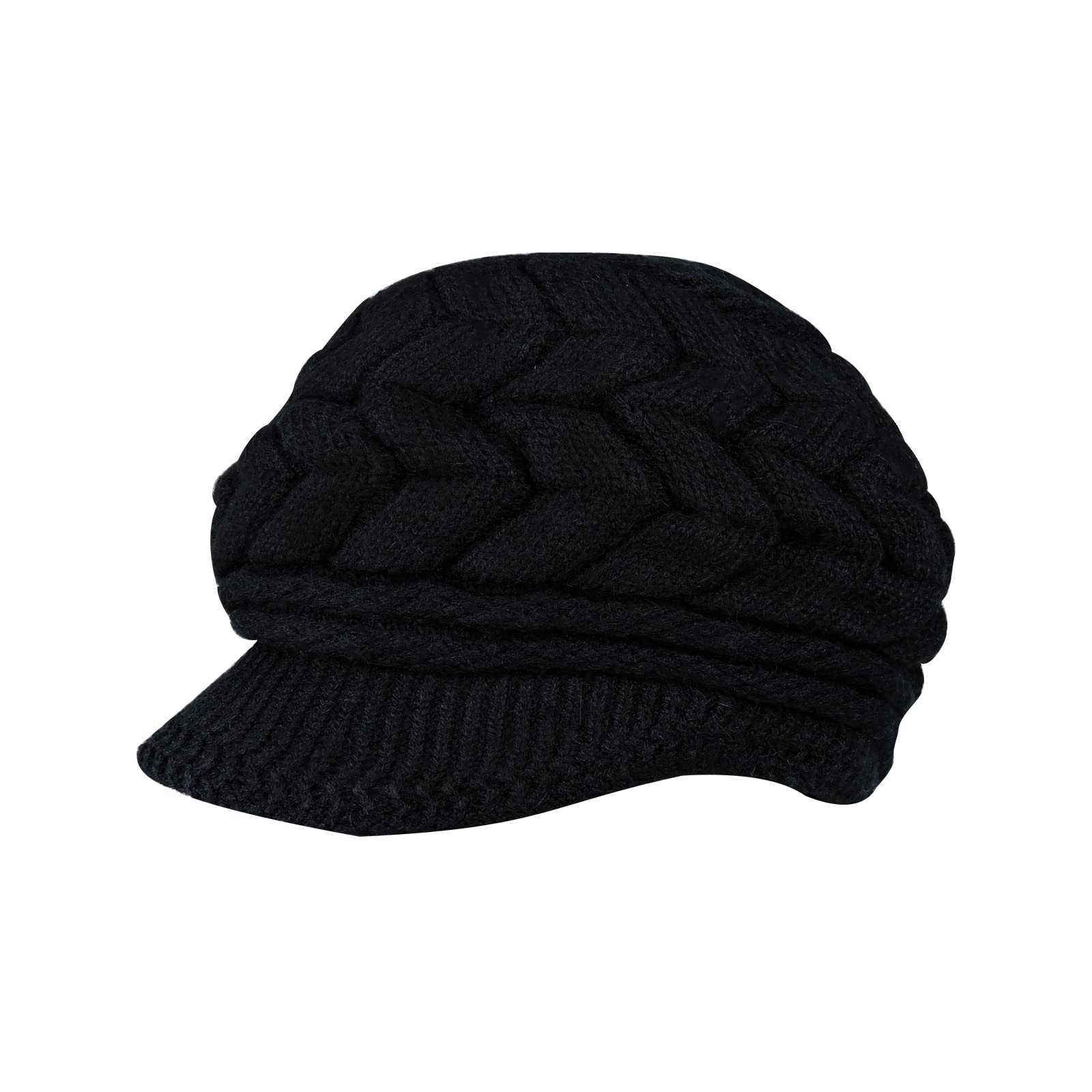 Andiker Women Winter Knit Hat with Brim, Elegant Beanie Cap with Warm Fleece Lined (Black)