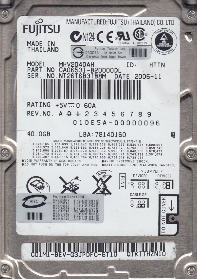 MHV2040AH, PN CA06531-B20000DL, Fujitsu 40GB IDE 2.5 Hard Drive