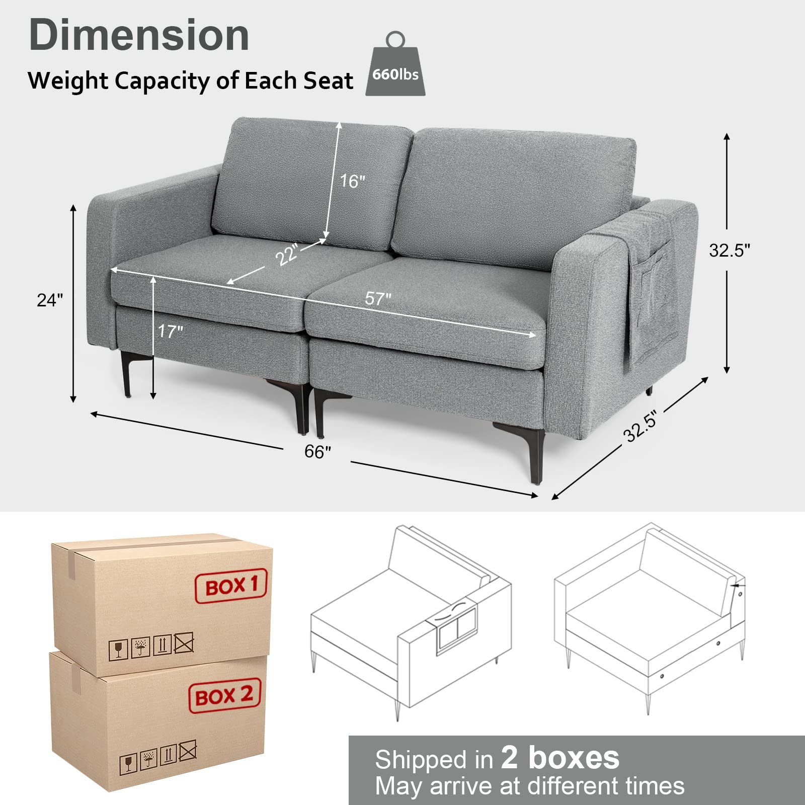 Giantex 2-Seat Sofa Couch, 66" L Modern Loveseat, Thick Cushion, Armrest Magazine Holder with 2 Pockets, Metal Legs, Ideal for Living Room Reception Room Office
