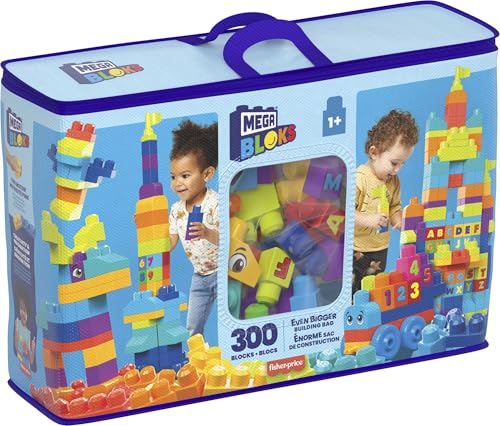 Mega BLOKS First Builders Toddler Blocks Toys Set, Even Bigger Building Bag with 300 Pieces and Storage, Blue, Ages 1+ Years