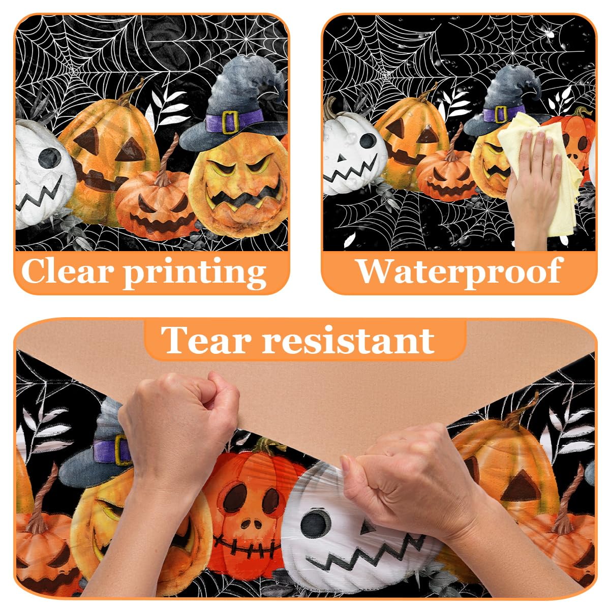 Black Halloween Tablecloth, 3 Pack Halloween Table Cover, Disposable Spider Web Pumpkin Halloween Table Cloths, Halloween Party Favor Supplies for Kitchen Dining Table Decorations