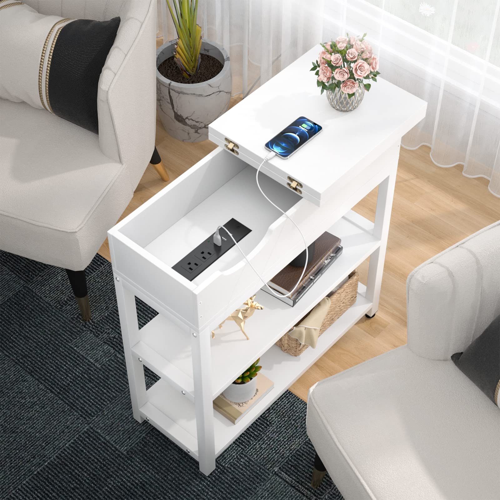 Aheaplus Sofa Side Table with USB Ports and Outlets, Narrow End Table Set of 2 with Charging Station, Bedside Nightstand with Storage Shelves, Slim Side Table，White