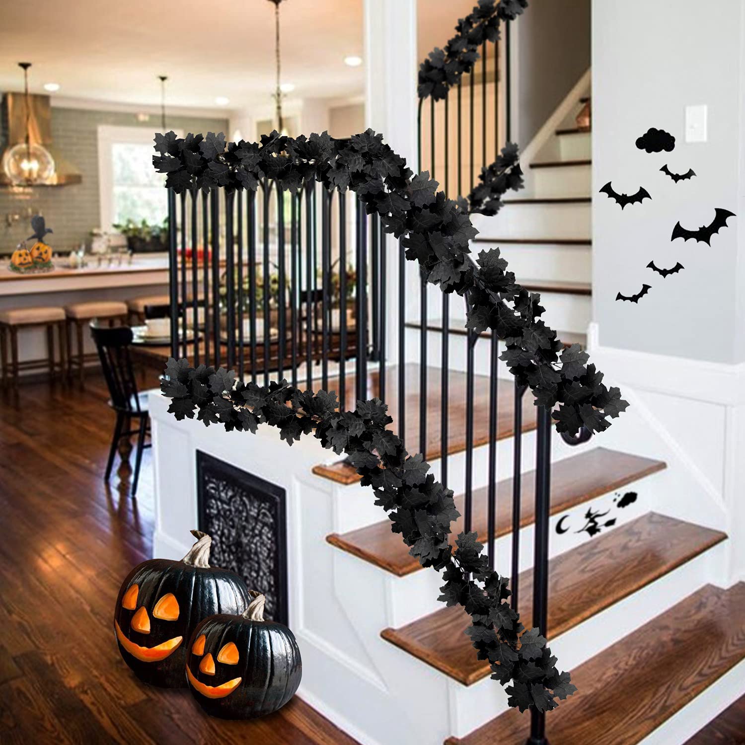 Black Leaf Garland, 4PCS Halloween Artificial Hanging Fall Leave Maple Vines, Fall Floral Garlands Thanksgiving Decor for Home Wedding Party (23.6FT)