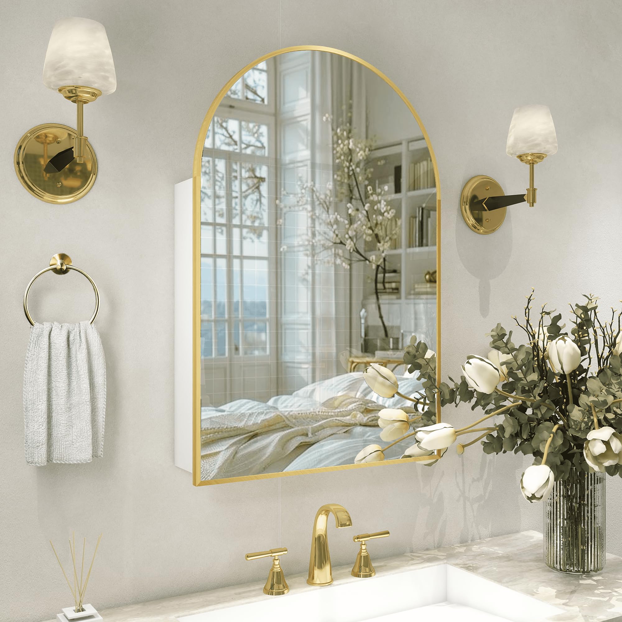Black Medicine Cabinet with Mirror, Bathroom Arched Medicine Cabinet Wall Mounted, Modern Vanity Mirror with Storage, Mirrored Cabinet with Adjustable Shelves, Not Recessed, 24x36 Inch