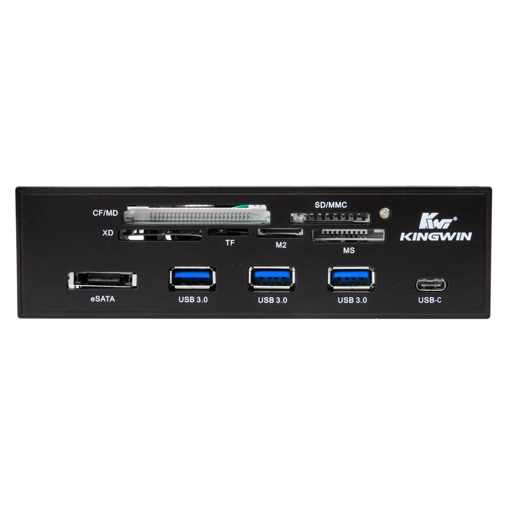 Kingwin Powered USB Hub 3.0 w/ 1 USB-C Port, SD Card Reader & Micro SD Card Reader - Sata Power Port w/Lightning Speed Data Transfer Up to 5Gbps - 5.25" Computer Case Front Bay, black (KW525-3U3CR)