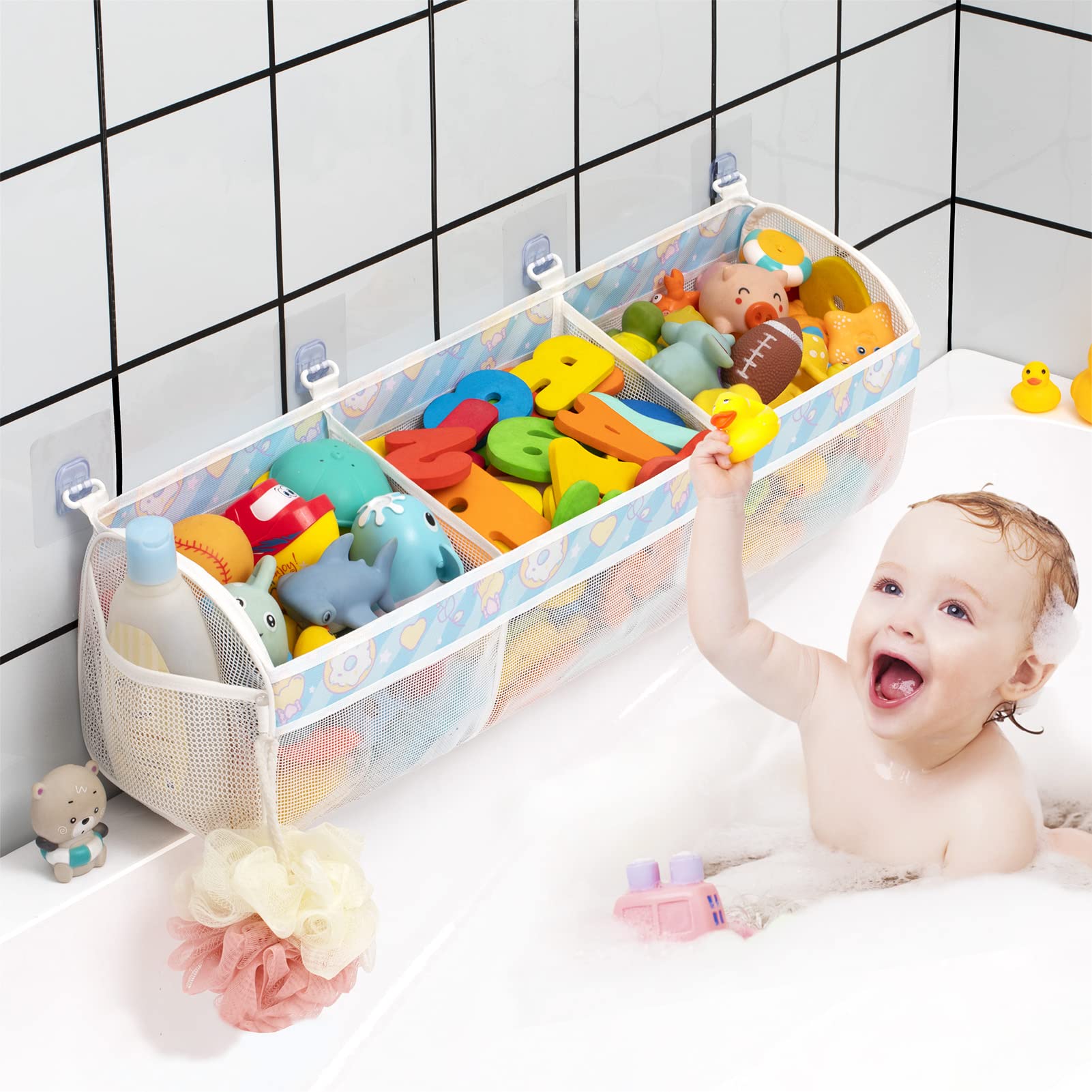 Austion Mesh Bath Toy Storage for Tub - Sorting Baby Toys Bath Tub Toy Holder - Extra Large Capacity Bath Toy Organizer with Large Openings, Quick-drying and breathable (Blue)