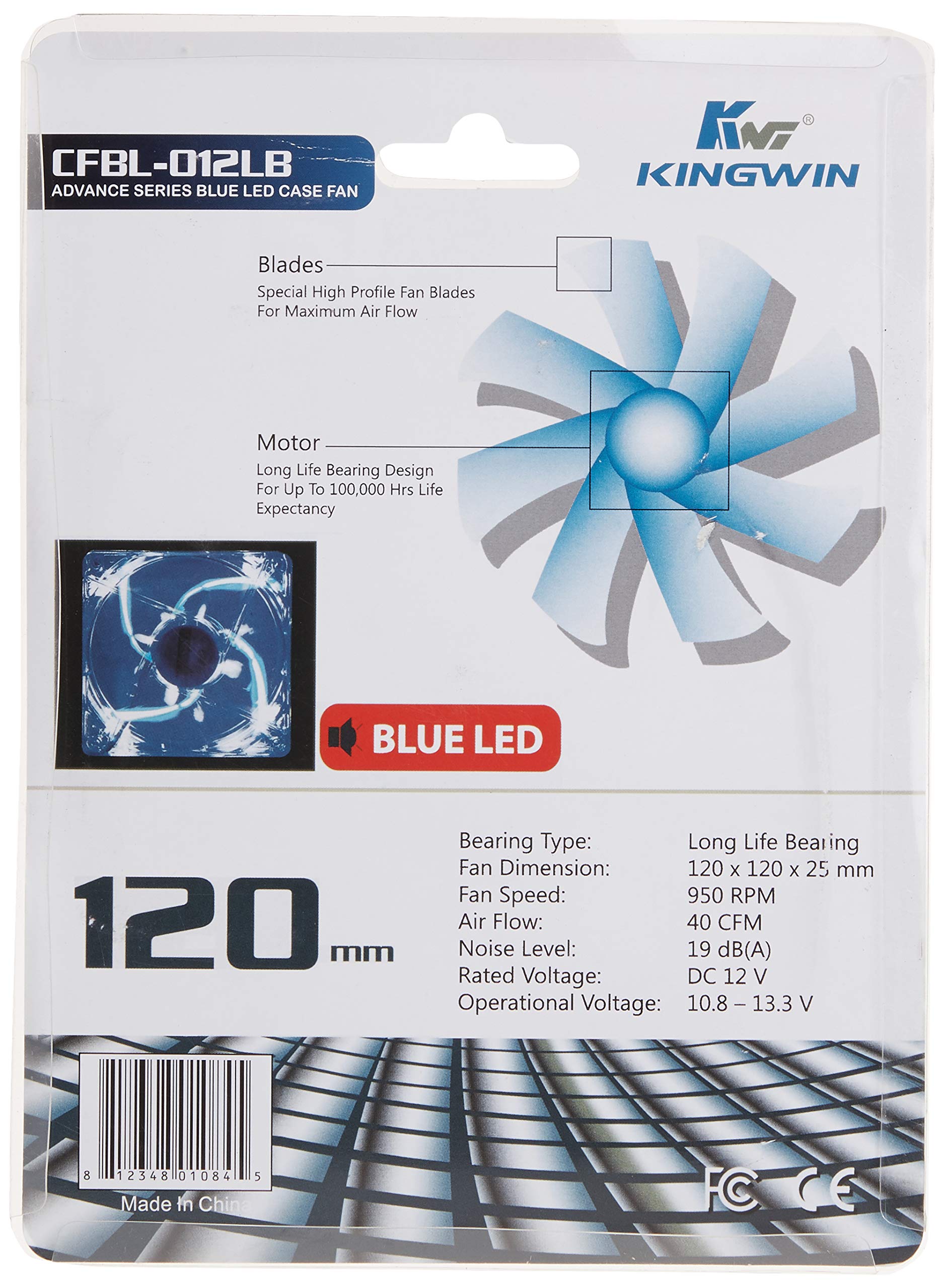 Kingwin 120mm CFBL-012LB Silent Fan, For Computer Cases, CPU Coolers, Long Life Bearing, Quiet Efficient Cooling, and Provide Excellent Ventilation for PC Cases-[Blue LED]