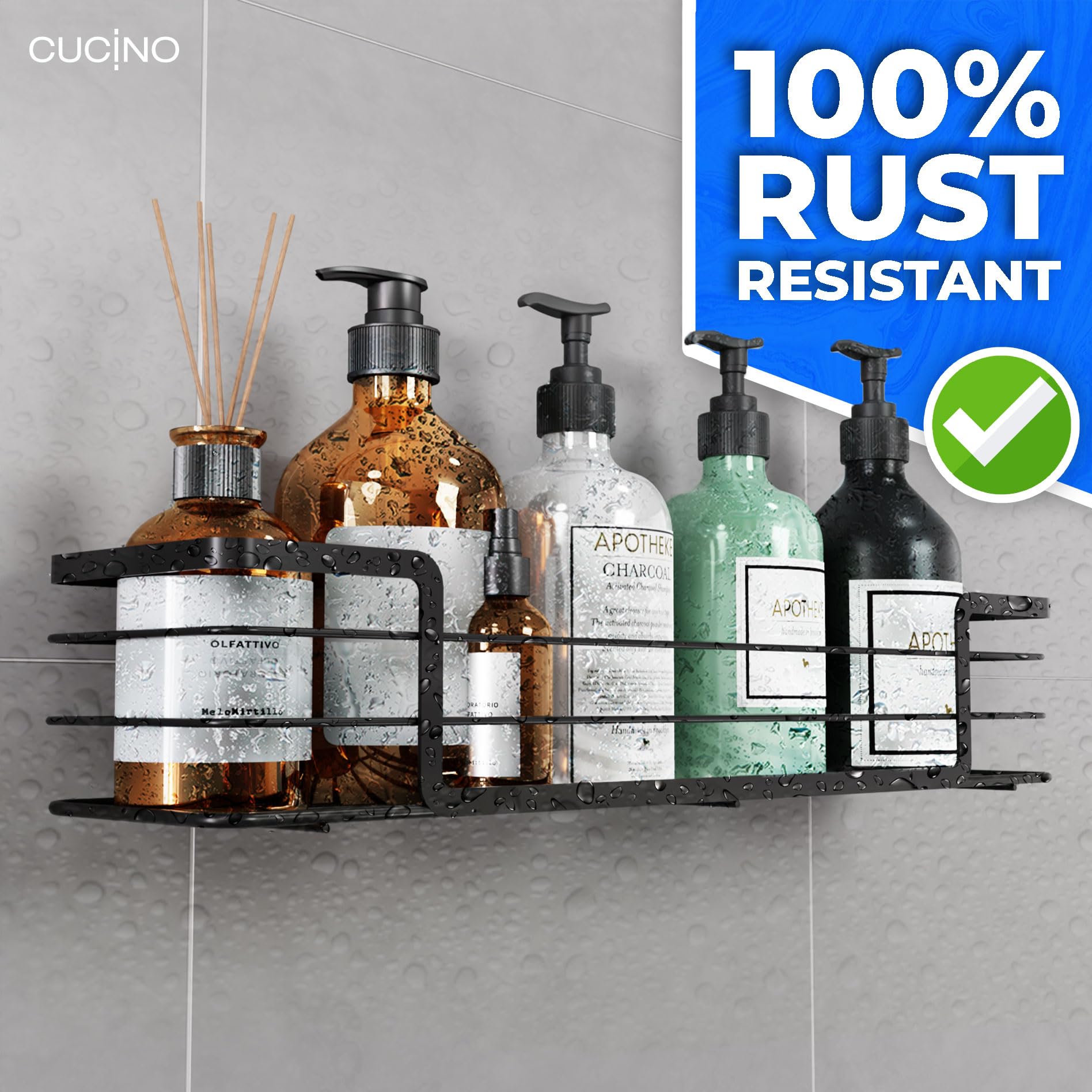 Cucino Extra-Large Shower Caddy 2-Pack - 16-Inch Rust-Resistant Black Shower Shelves for Inside Shower, Adhesive Organizer with 4 Removable Hooks, XL Shower Racks for Inside Shower
